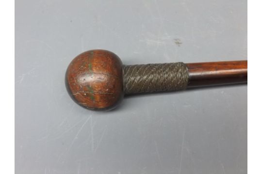 Vintage Coromandel Knobkerrie with braided brass collar, 15ins long