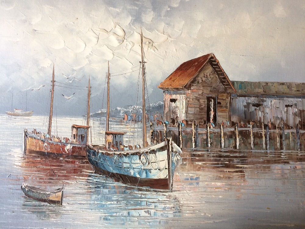 Oil on canvas of harbour scene, laid on board, bears signature Max Savy ...