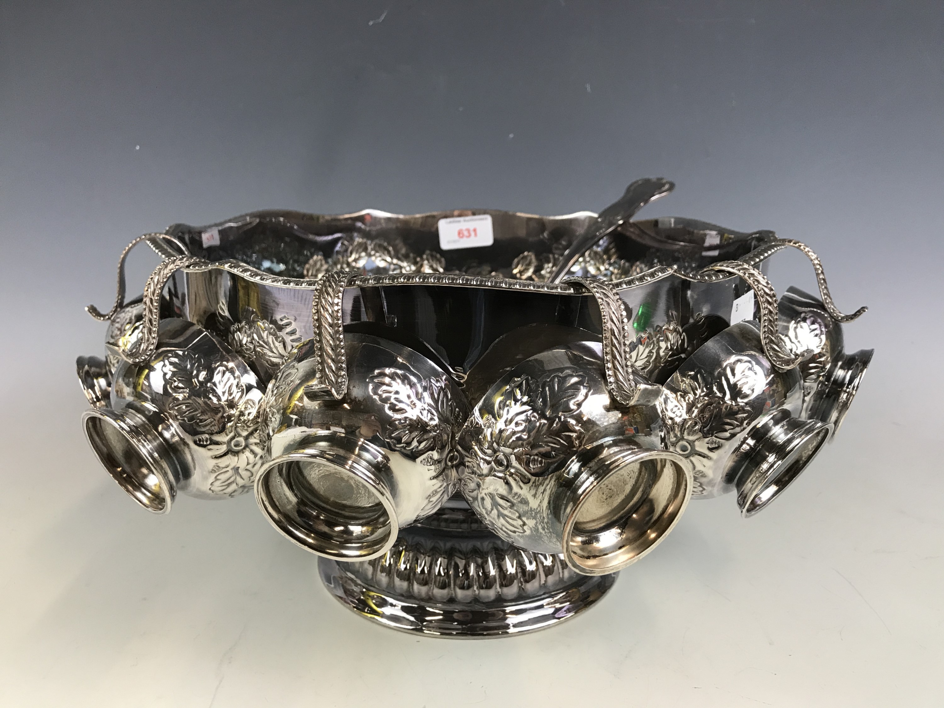 A Pinder Brothers Ltd electroplate punch bowl with ladle and six cups