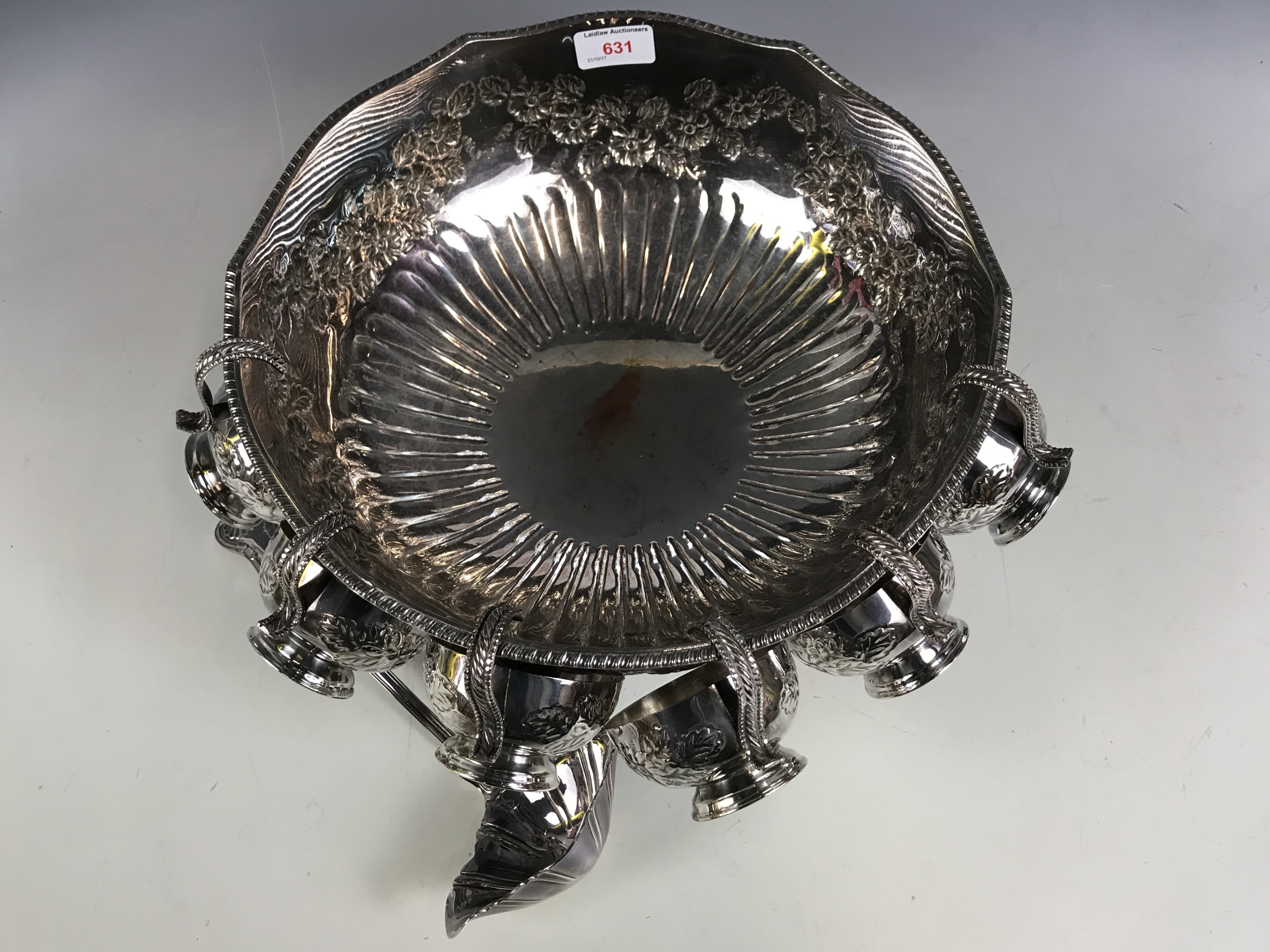 A Pinder Brothers Ltd electroplate punch bowl with ladle and six cups