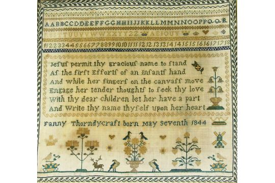 VICTORIAN SAMPLER, inscribed Fanny Thorndycraft born May 7th 1844, with ...
