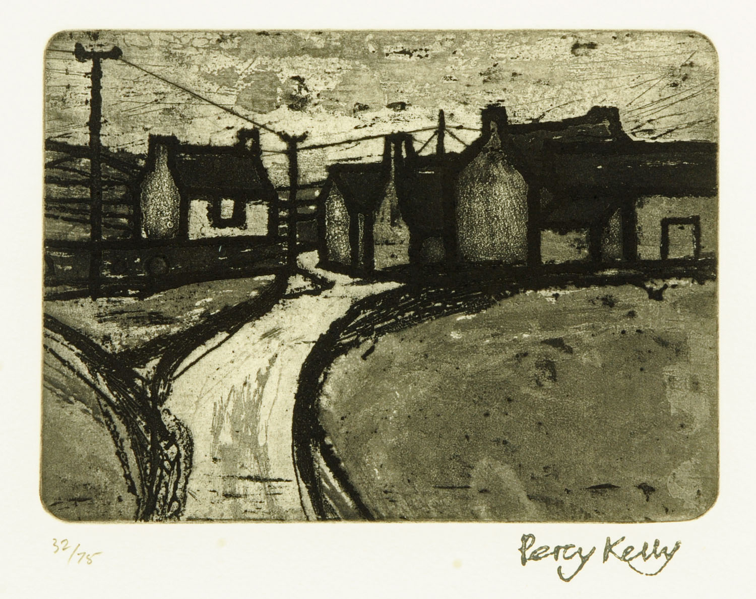 Percy Kelly, Limited Edition etching 32/75, street scene. 13 cm x 18 cm ...