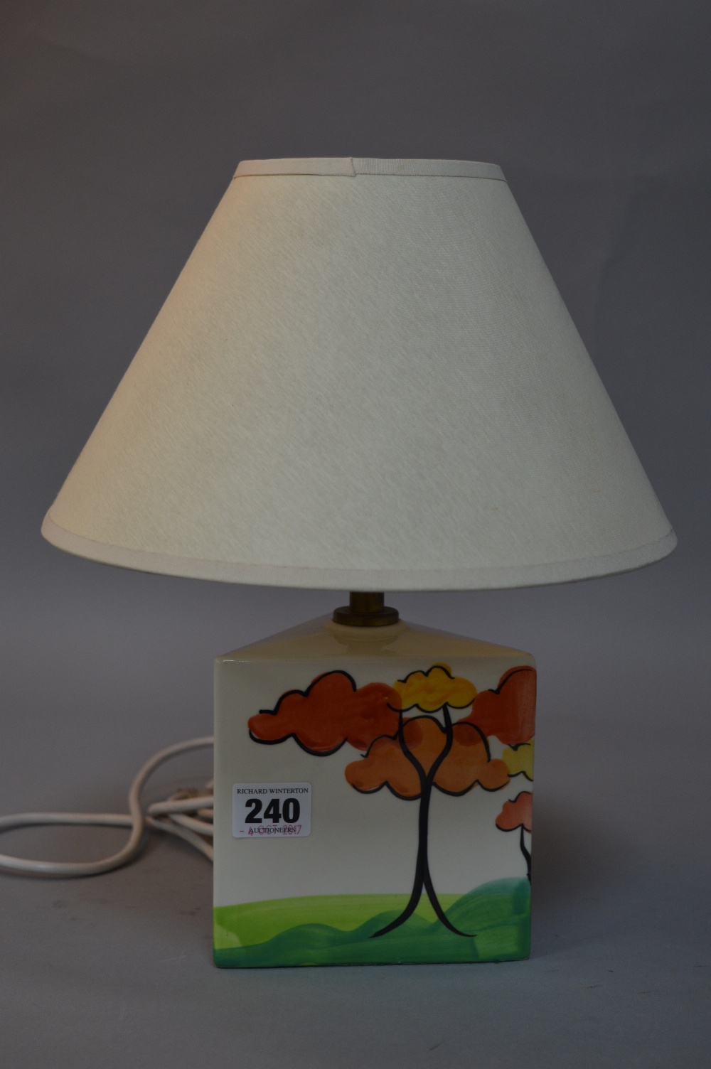 A SMALL TRIANGULAR LAMP BASE, in the style of clarice cliff, painted ...