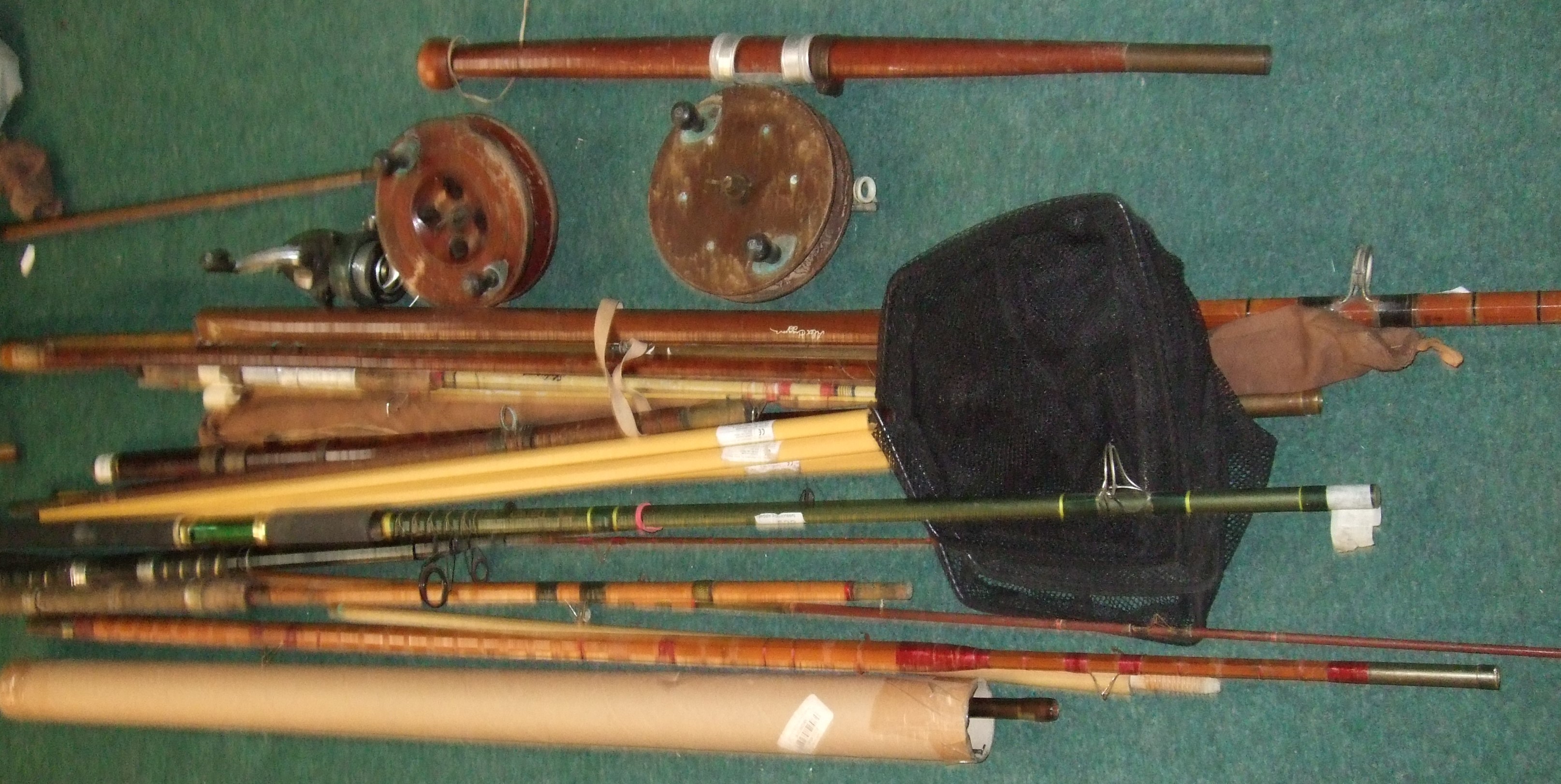 Large collection of various vintage split cane fly rods, salmon rods ...