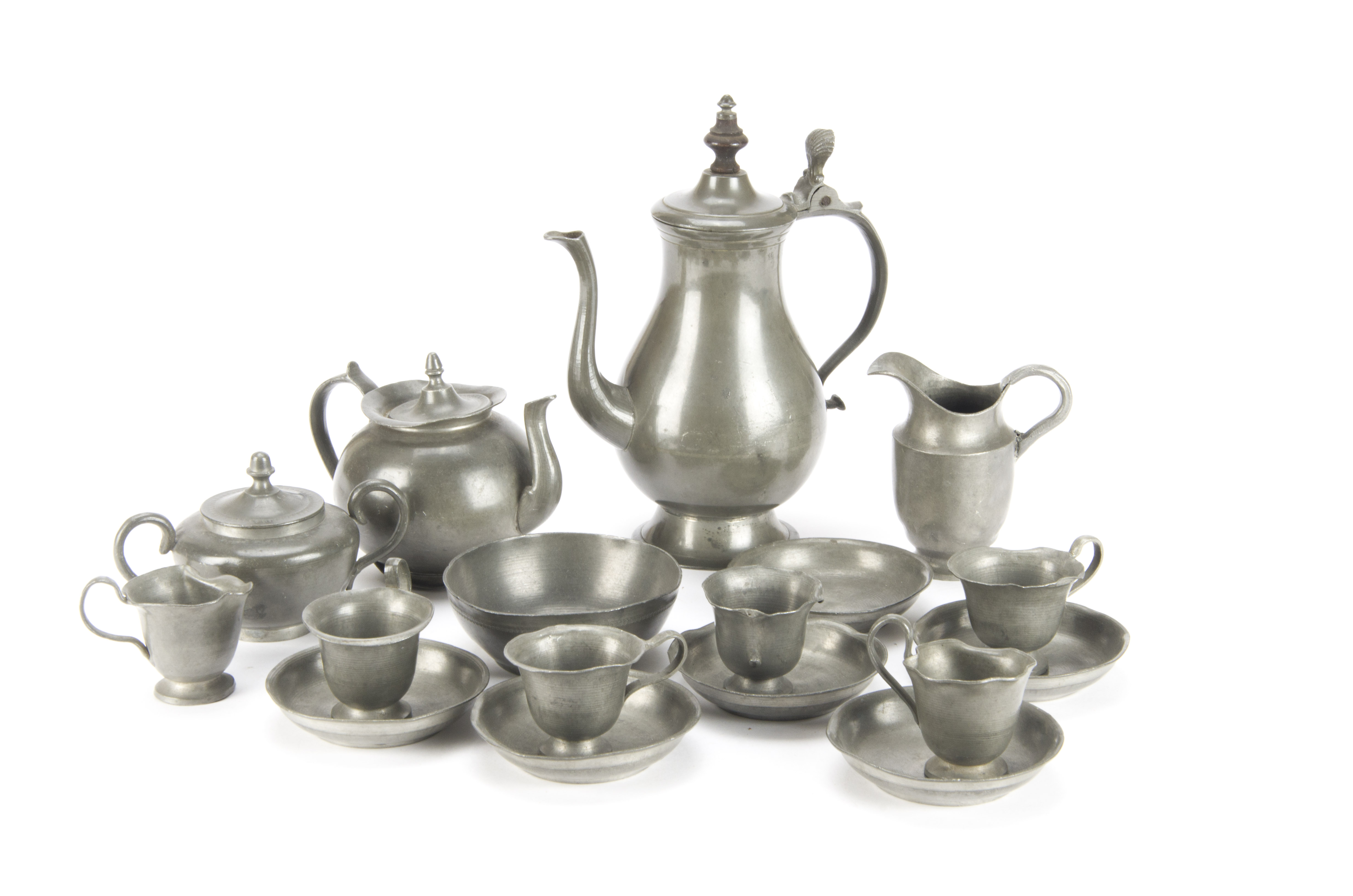 A dolls’ pewter tea set, teapot, sugar basin and cover, slop bowl, milk ...