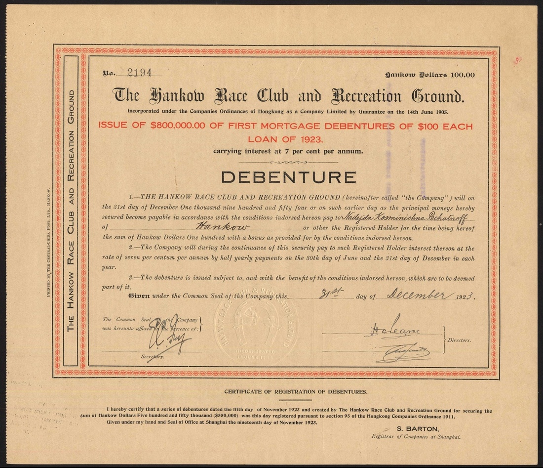 Hankow Race Club and Recreation Ground, First Mortgage debenture for ...