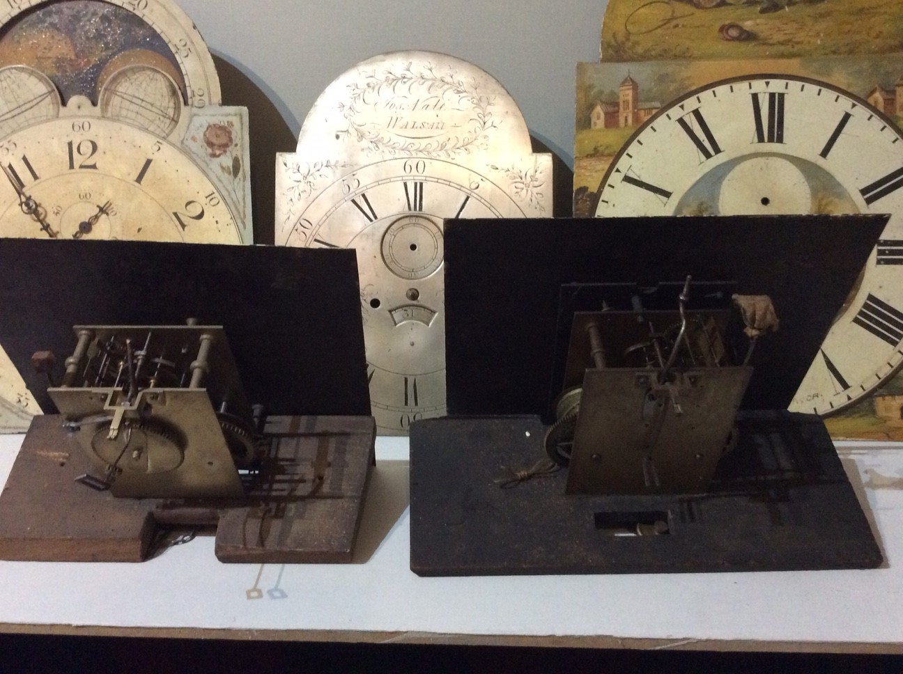 A COLLECTION OF FIVE LONGCASE CLOCK DIALS AND MOVEMENTS Three having ...