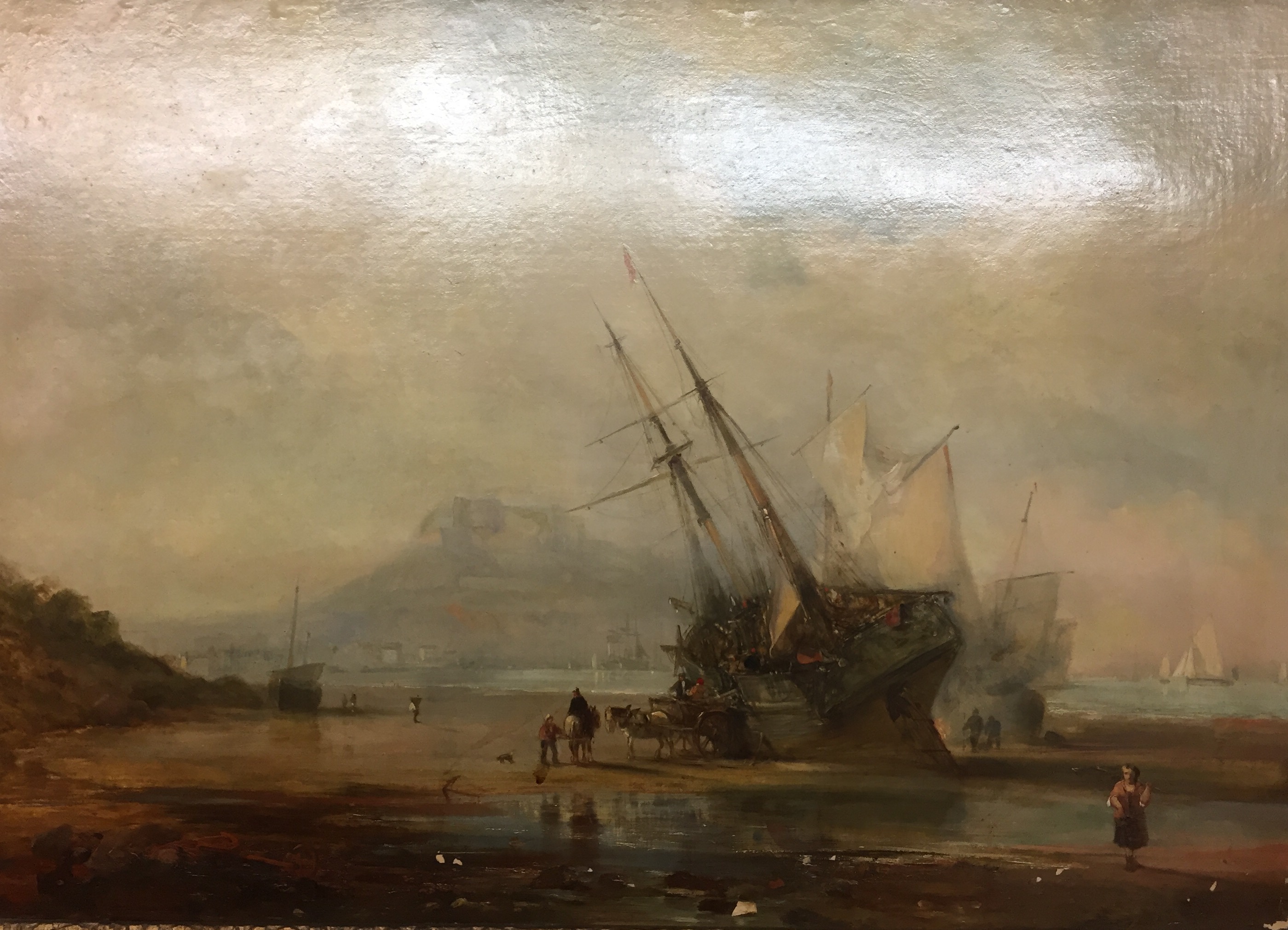 HENRY BRIGHT, 1814 - 1873, OIL ON CANVAS 'Beached Ship', with figures ...