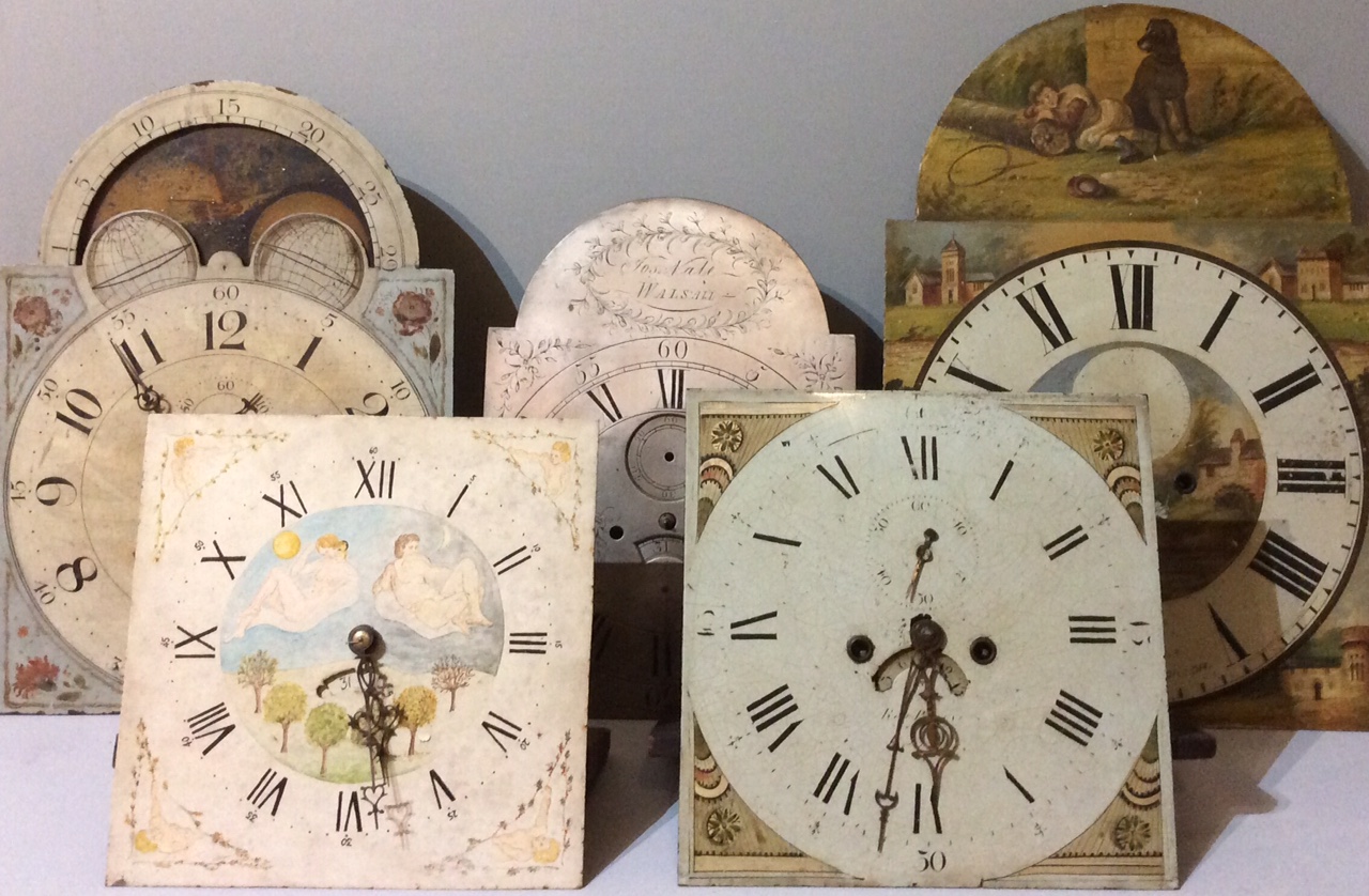 A COLLECTION OF FIVE LONGCASE CLOCK DIALS AND MOVEMENTS Three having ...