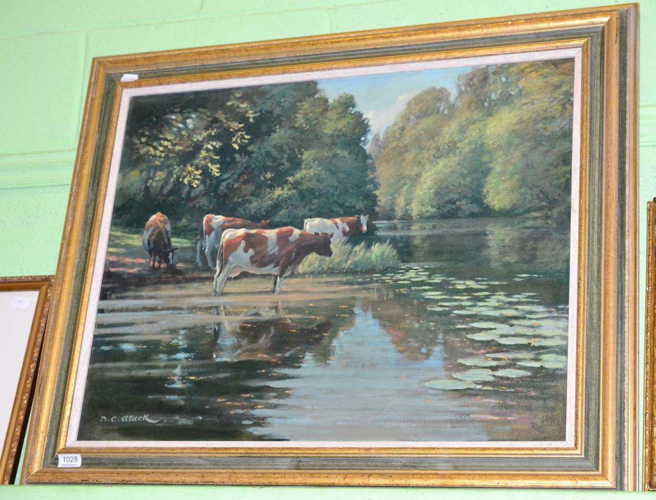 David Christopher Atack (b.1943), cattle watering, oil on canvas