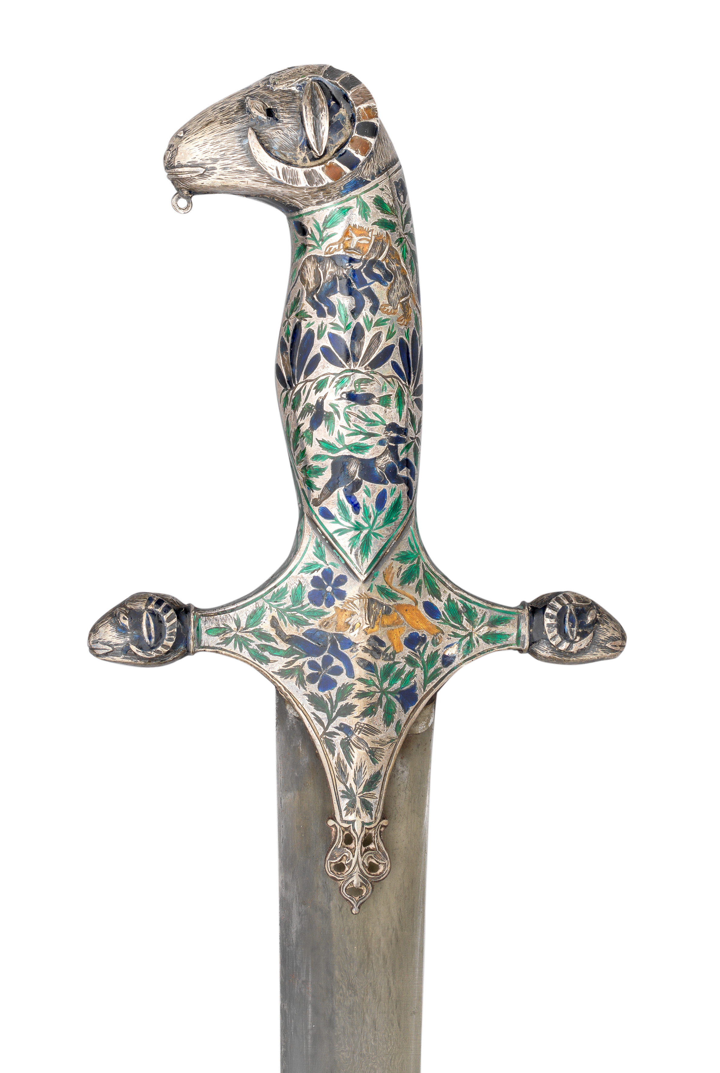 A FINE INDIAN SWORD (SHAMSHIR) WITH ENAMELLED SILVER HILT, LUCKNOW ...