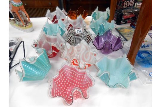 A collection of 13 chance glass handkerchief vases including orange & white