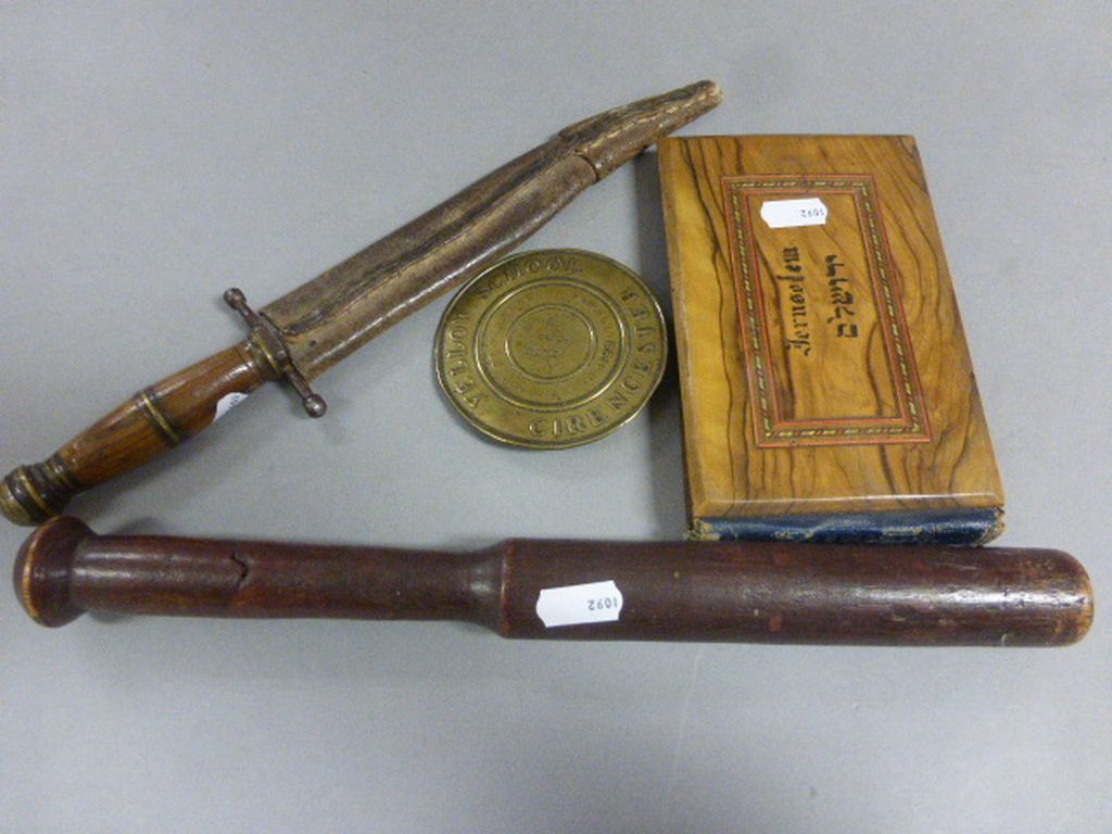 A vintage wooden fishing priest, a bowie type knife, a jewish olivewood ...