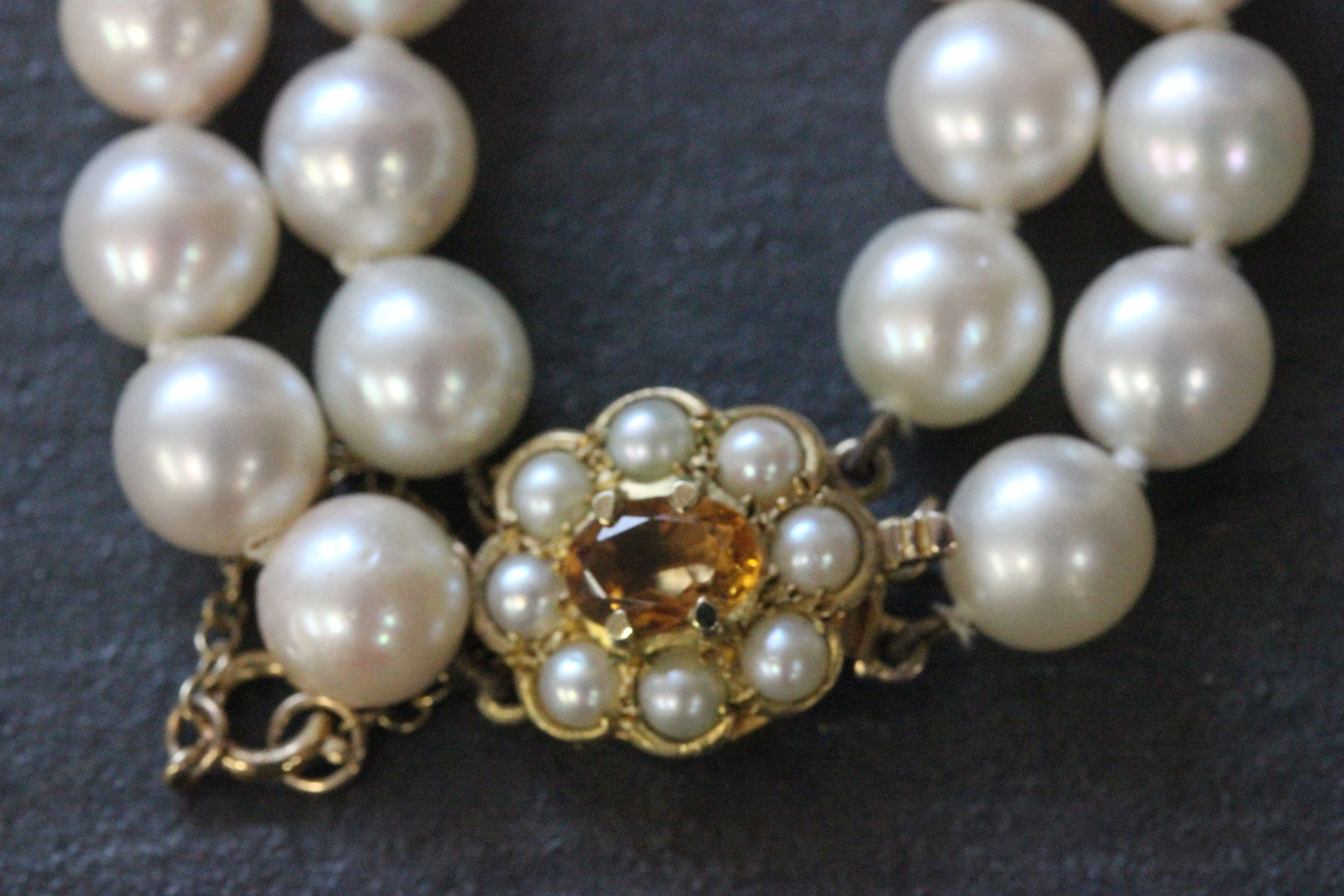 Double string of real pearls with 9ct gold, seed pearl and Citrine clasp