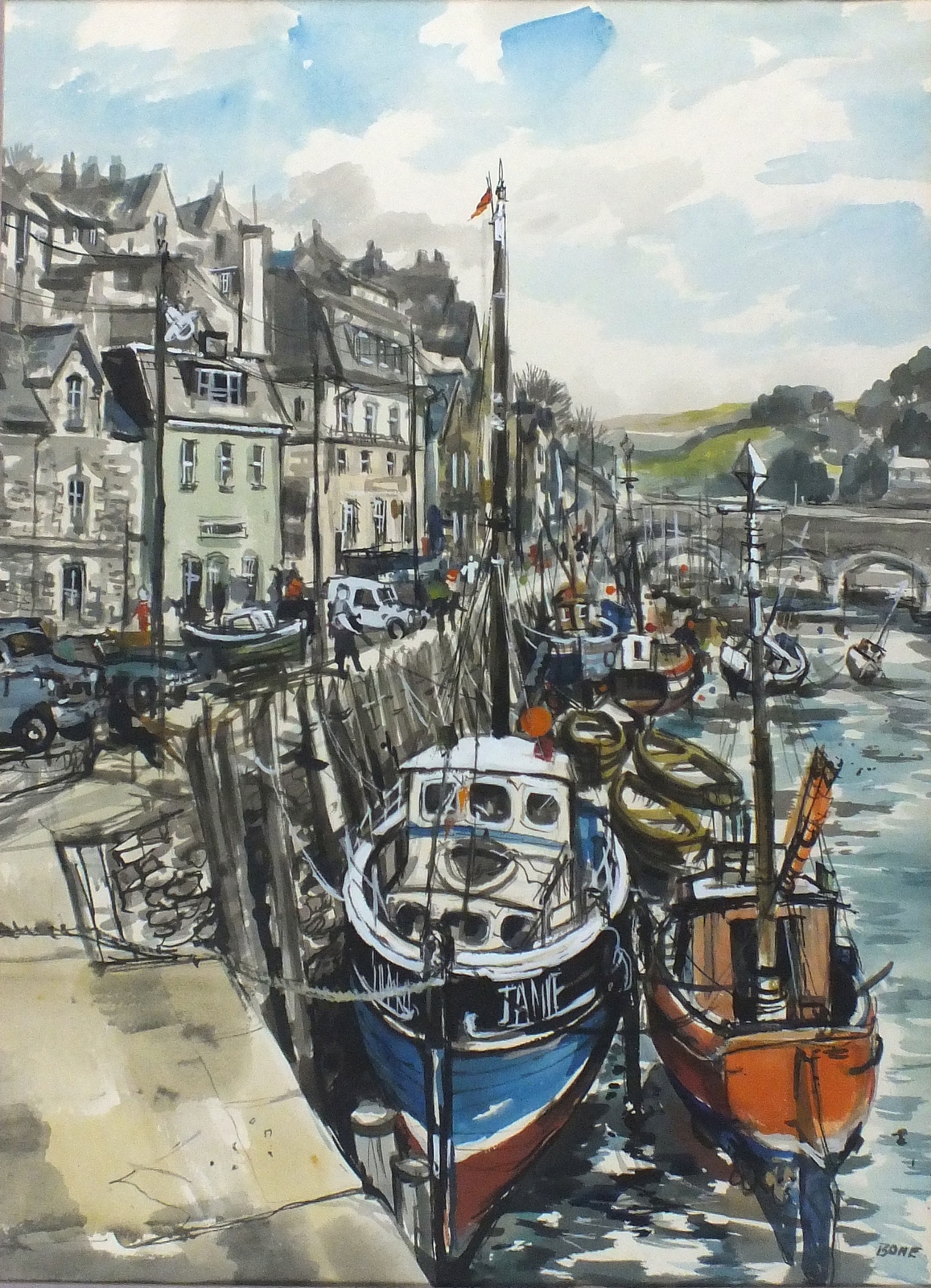 Charles BONE (British 1926 - 2014) Boats in the Harbour by the Bridge ...