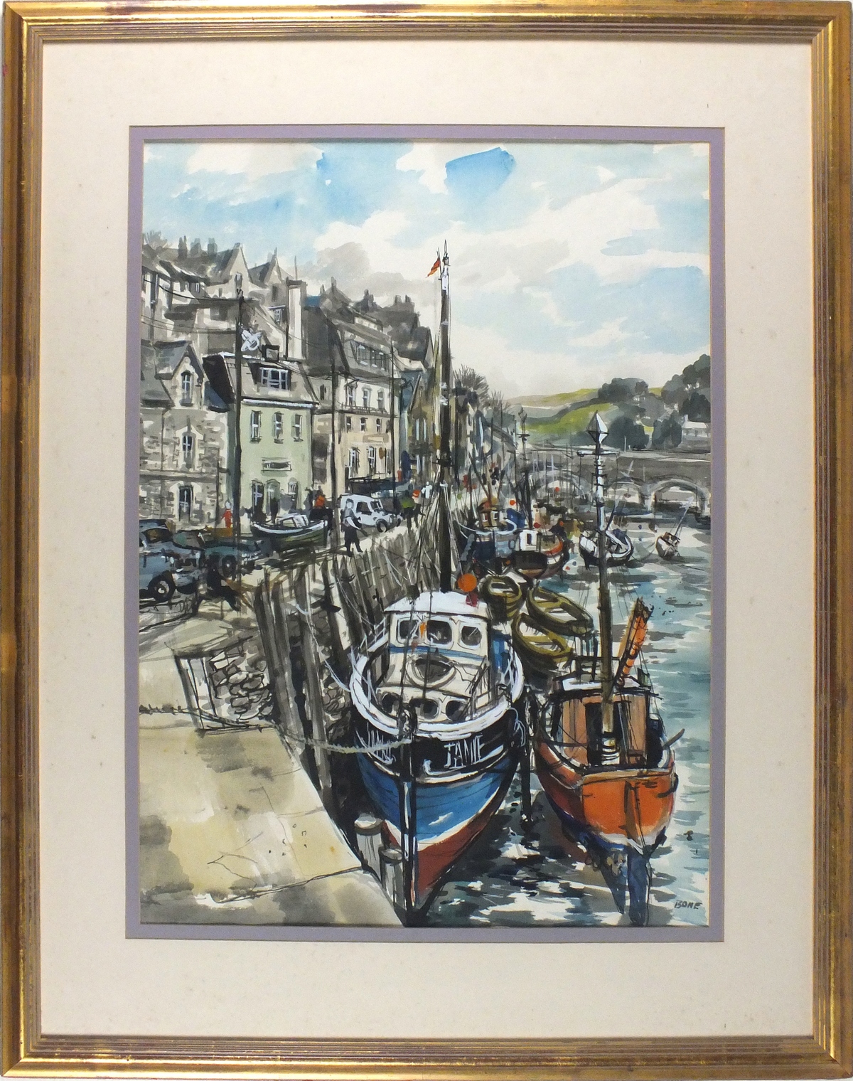 Charles BONE (British 1926 - 2014) Boats in the Harbour by the Bridge ...