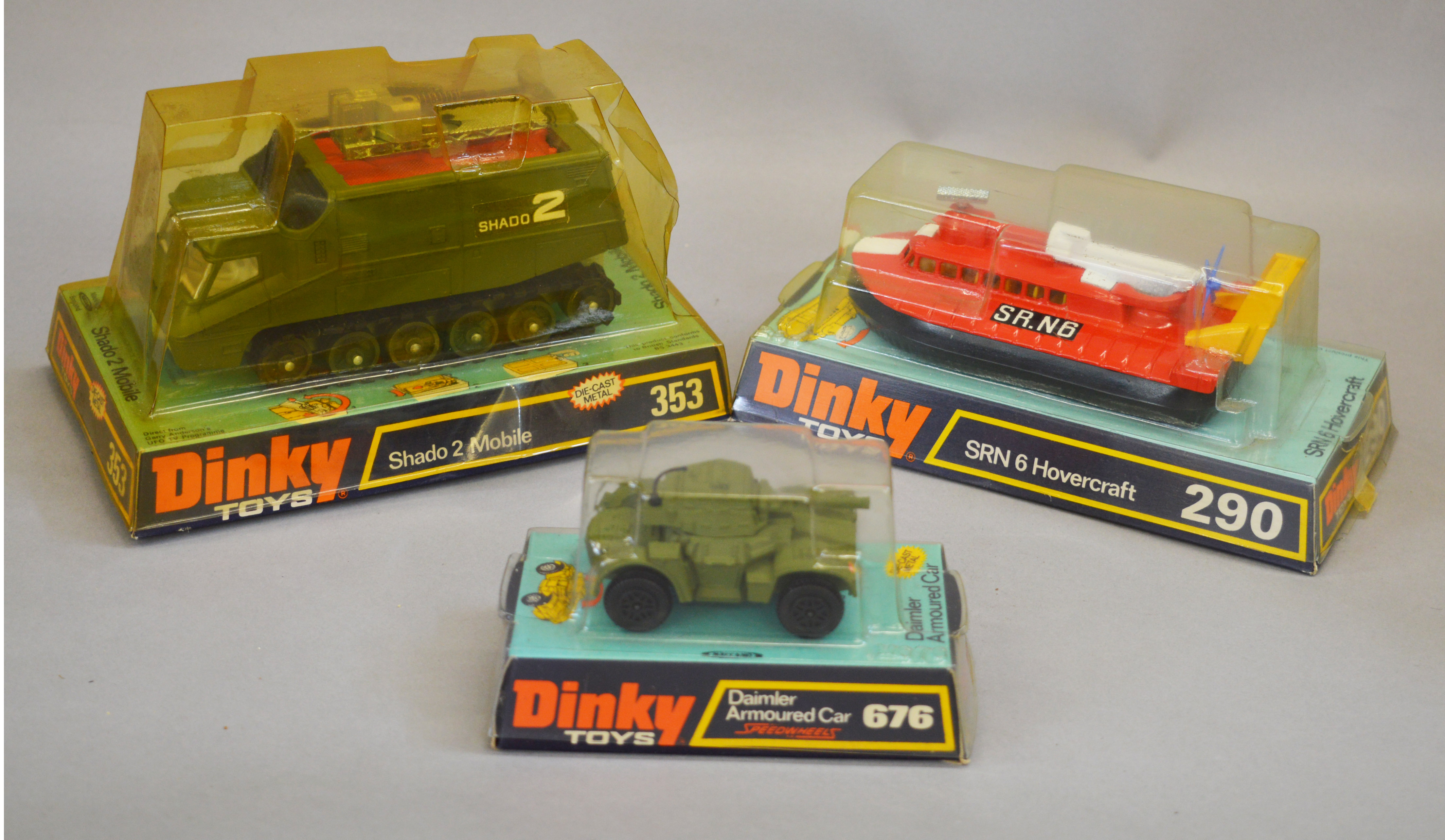 Three boxed Dinky Toys diecast models in Vacuform packaging, 290 SRN6 ...