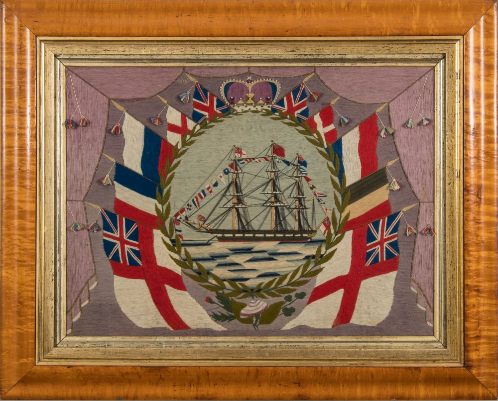 A good 19th century sailor's woolwork of a Royal Navy frigate running ...