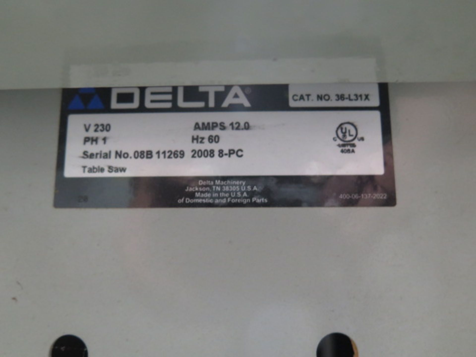 2008 Delta ‘Unisaw” mdl. 36-L31X Table Saw s/n 08B11269 w/ 27” x 84 ...