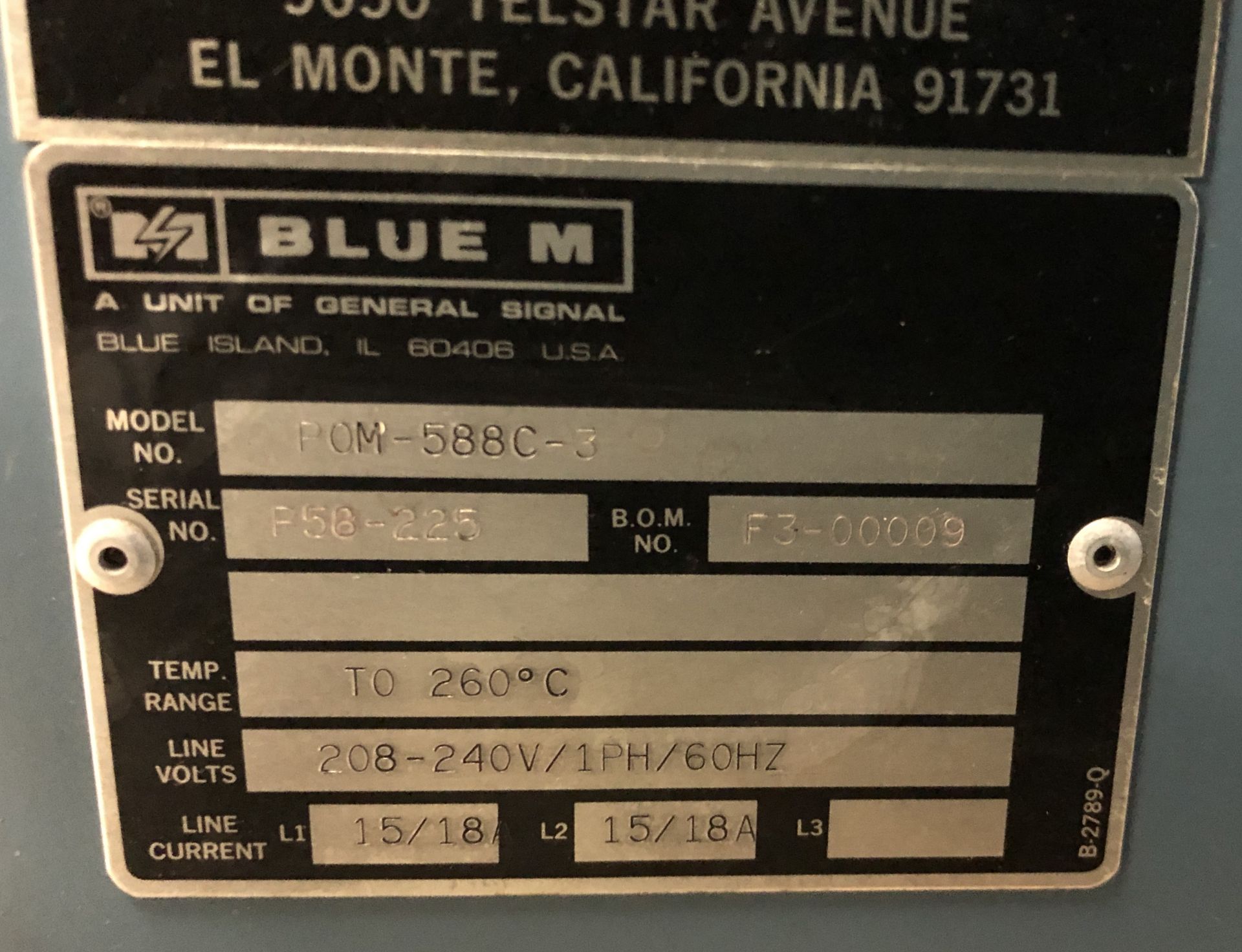 BLUE M OVEN MODEL-POM-588C-3 S#B58-225; TO 260° C TEMP RANGE; 208-240V ...