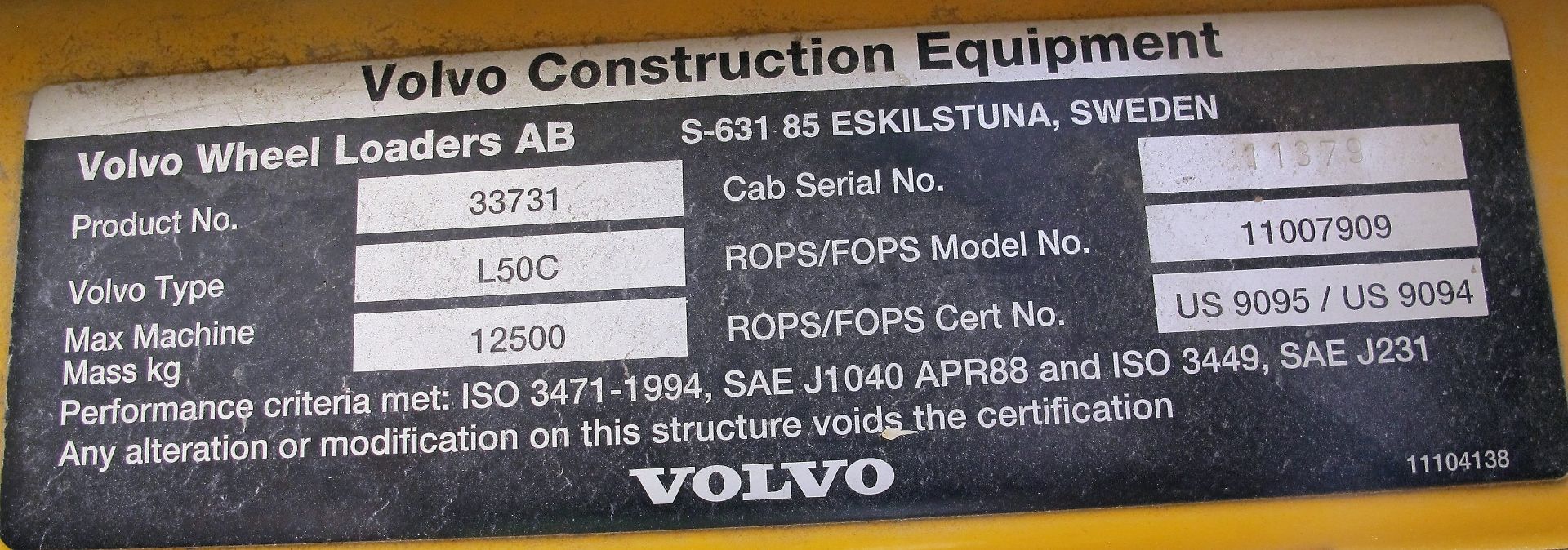 VOLVO L50C WHEEL LOADER W/APPROX 7,333 HRS, S/N L50CP11378