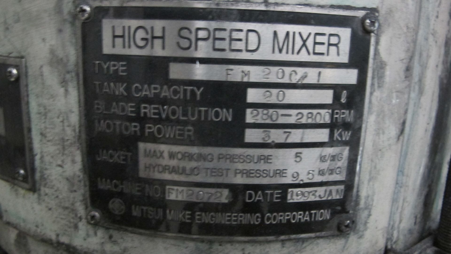 MITSUI MIIKE HIGH SPEED MIXER FM20C/1, S/N FM2072, 20L TANK, 280-2800 RPM