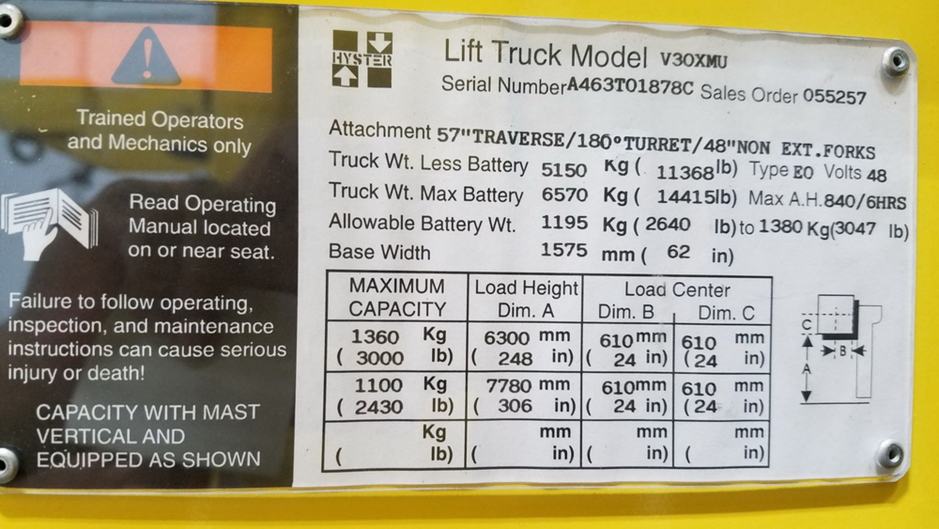 Hyster Forklift Model V30XMU, S/N A463T01878C, narrow aisle, electric ...