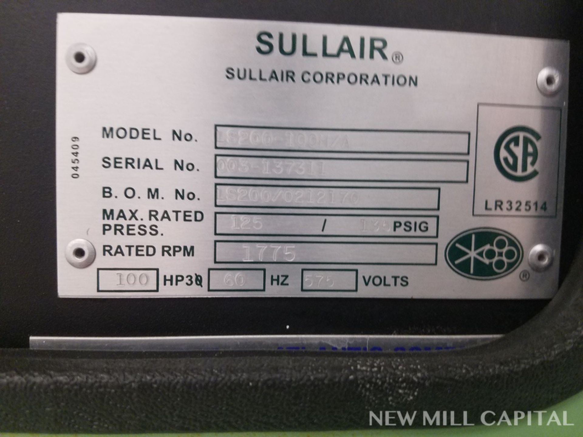 Sullair LS-200 Rotary Screw Air Compressor, 100 HP, M# S200-100H/A, S/N ...