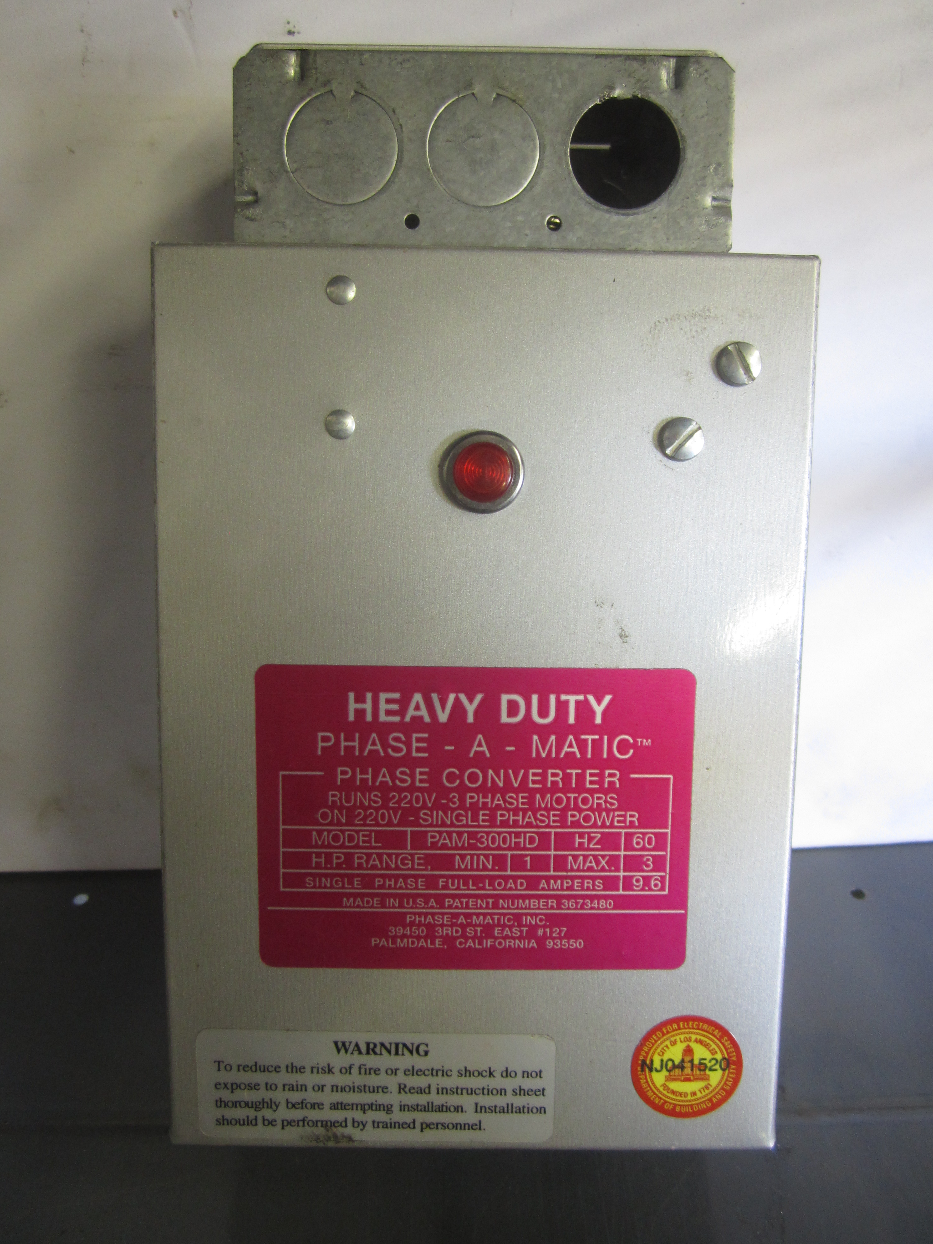 Phase-A-Matic Model PAM-300HD Static Phase Converter, HP Range: 1HP Min ...