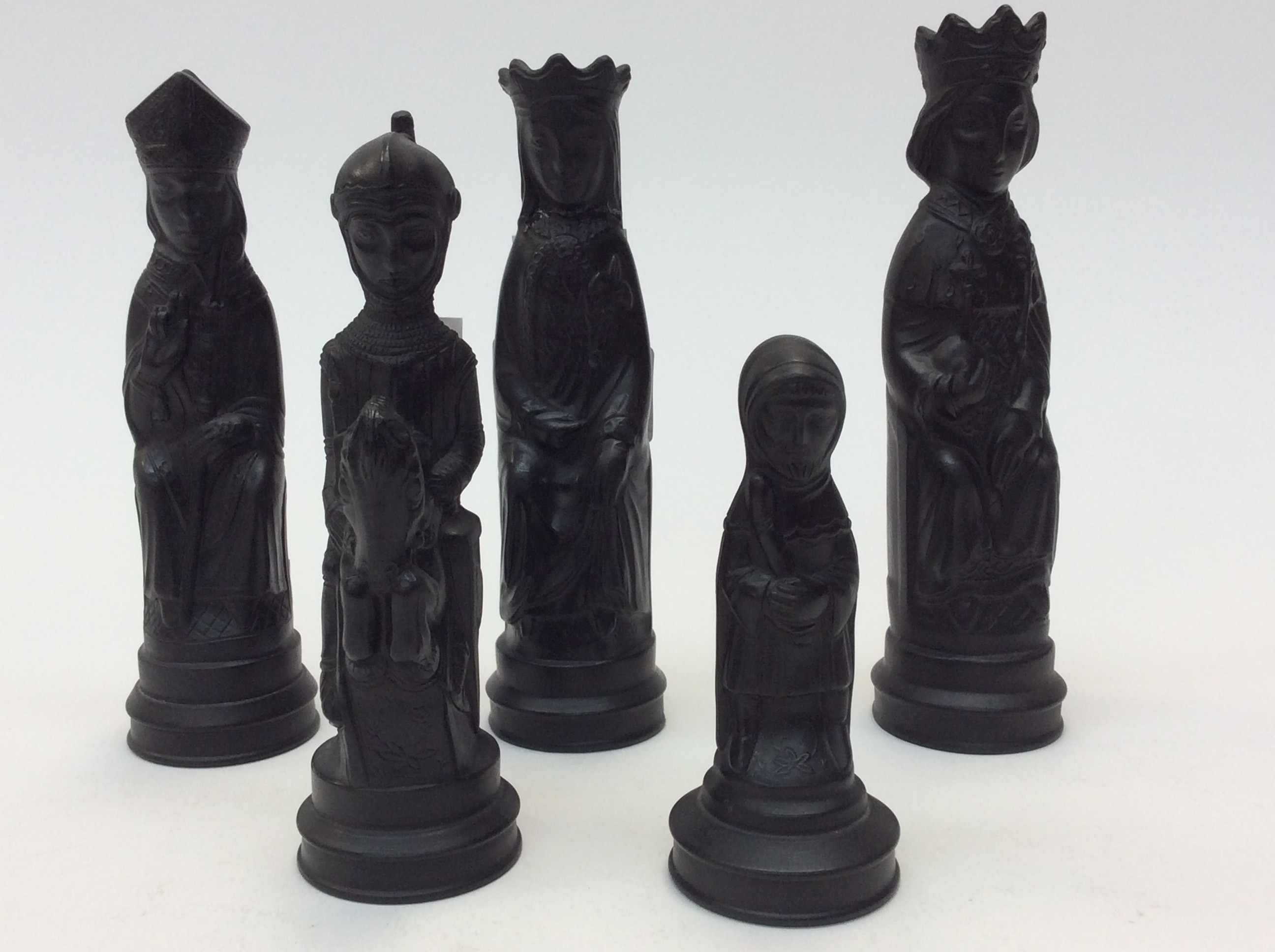 Five Wedgwood black basalt chess pieces, King, Queen, Bishop, Knight ...