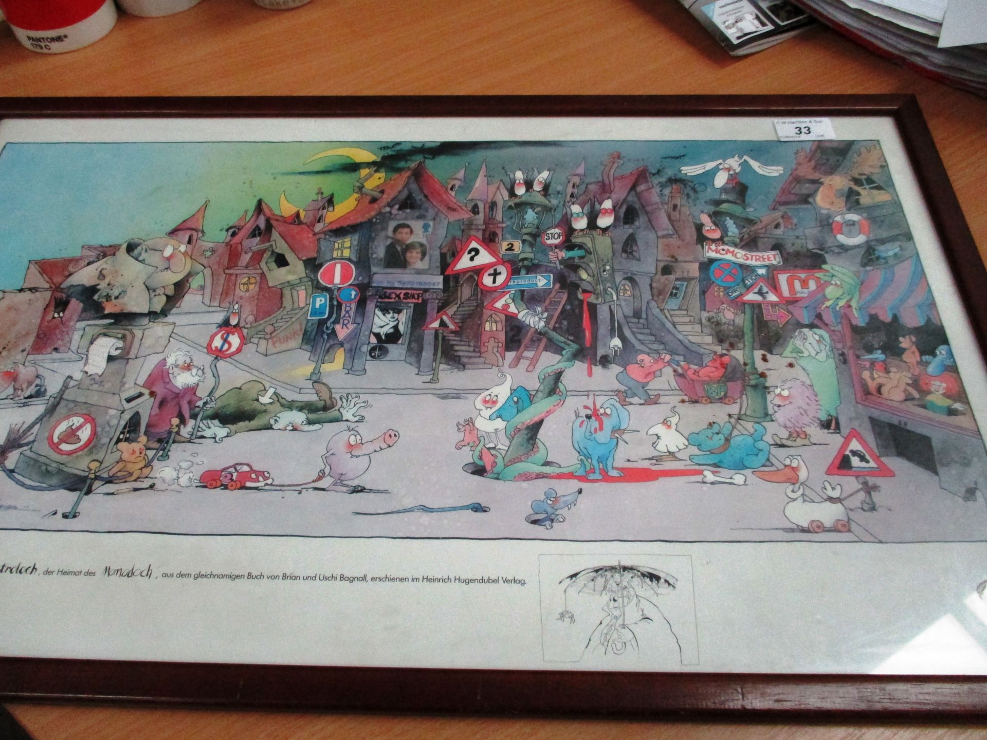 Brian Bagnall framed caricature print 'Momo Street' 37 x 62cm