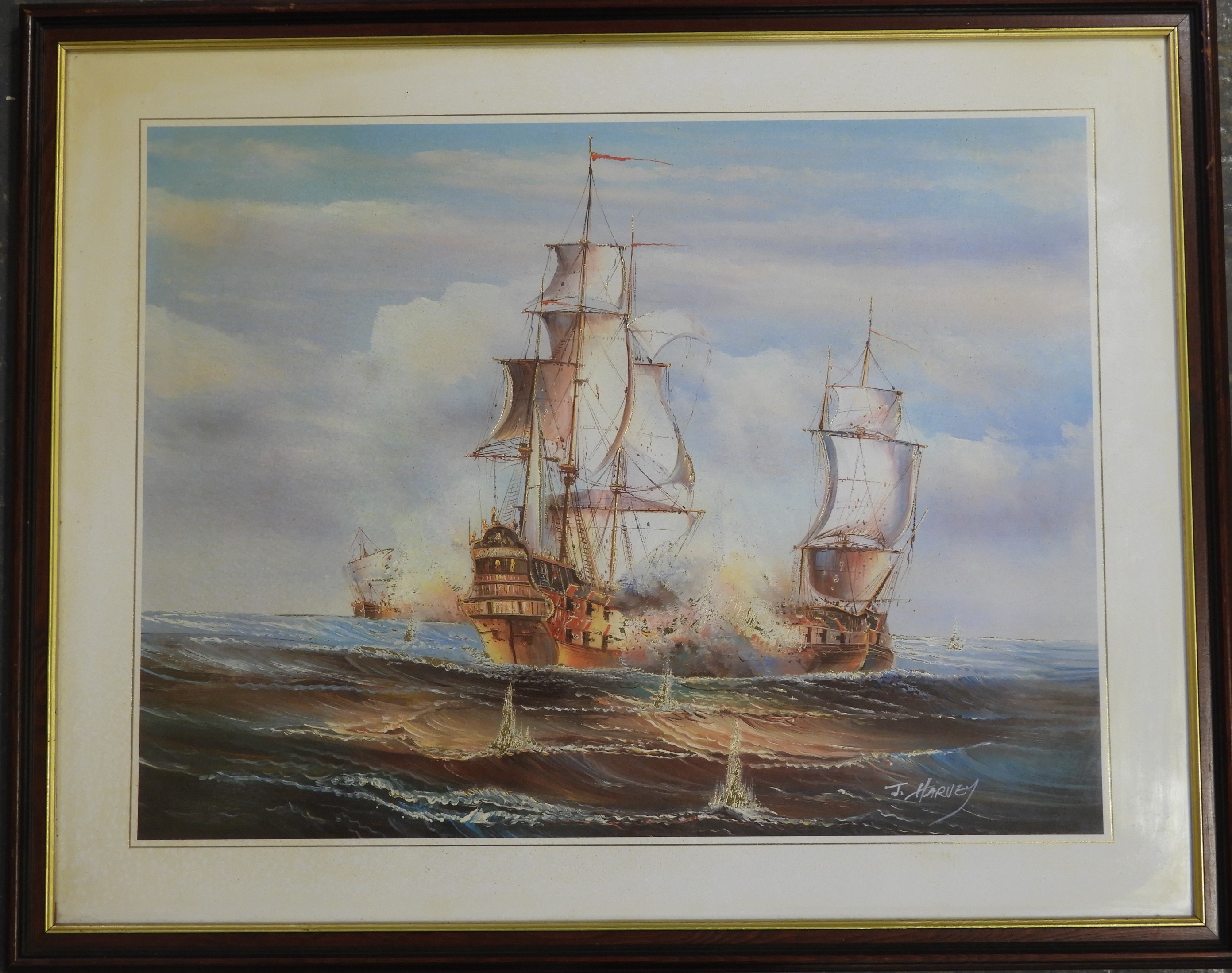 J.HARVEY OIL PAINTING GALLEONS BROADSIDE 24'X18'