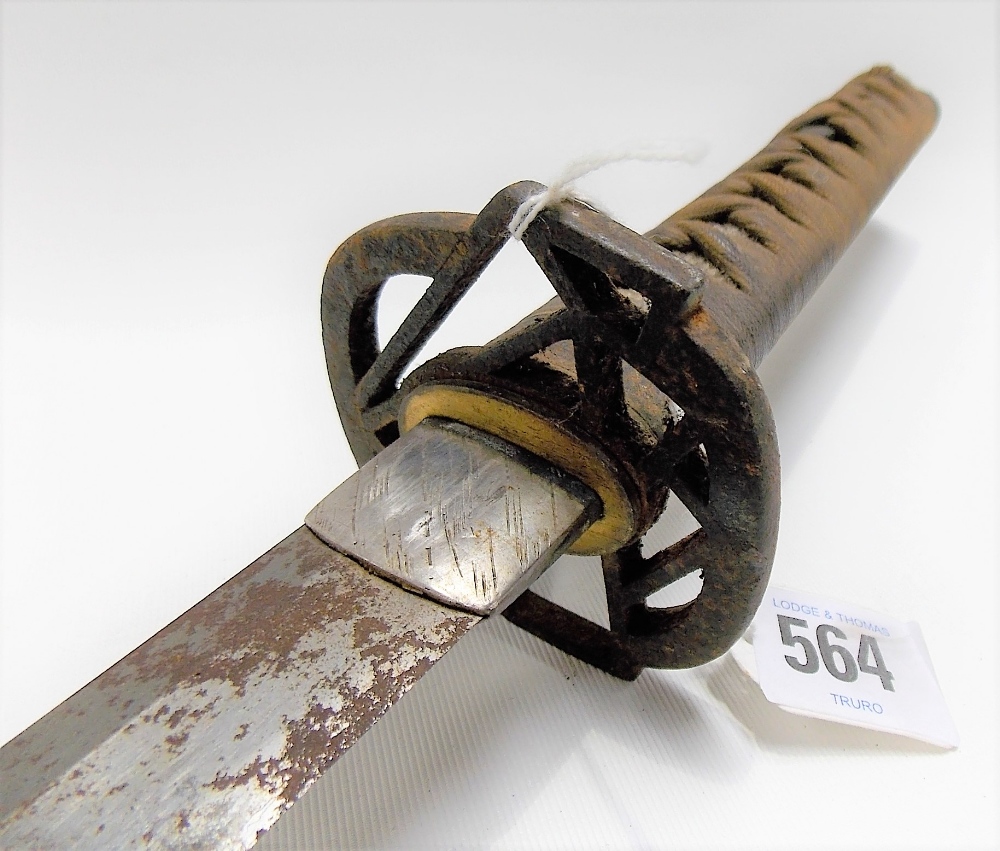 Japanese long sword with bound shagreen handle and two leaf shaped ...