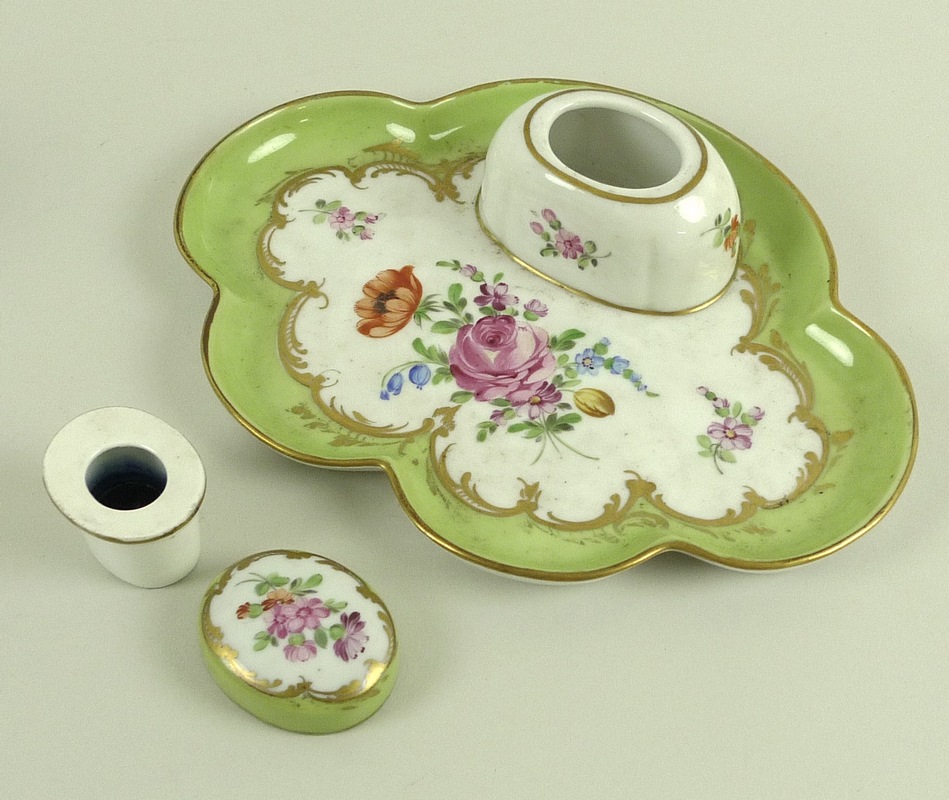 A Dresden porcelain inkwell and pen stand for Asprey, circa 1930, the ...