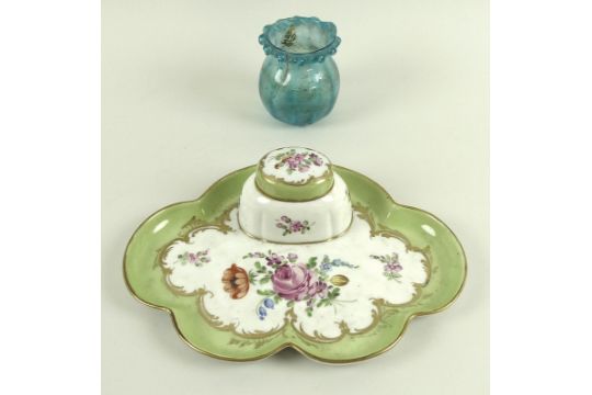 A Dresden porcelain inkwell and pen stand for Asprey, circa 1930, the ...