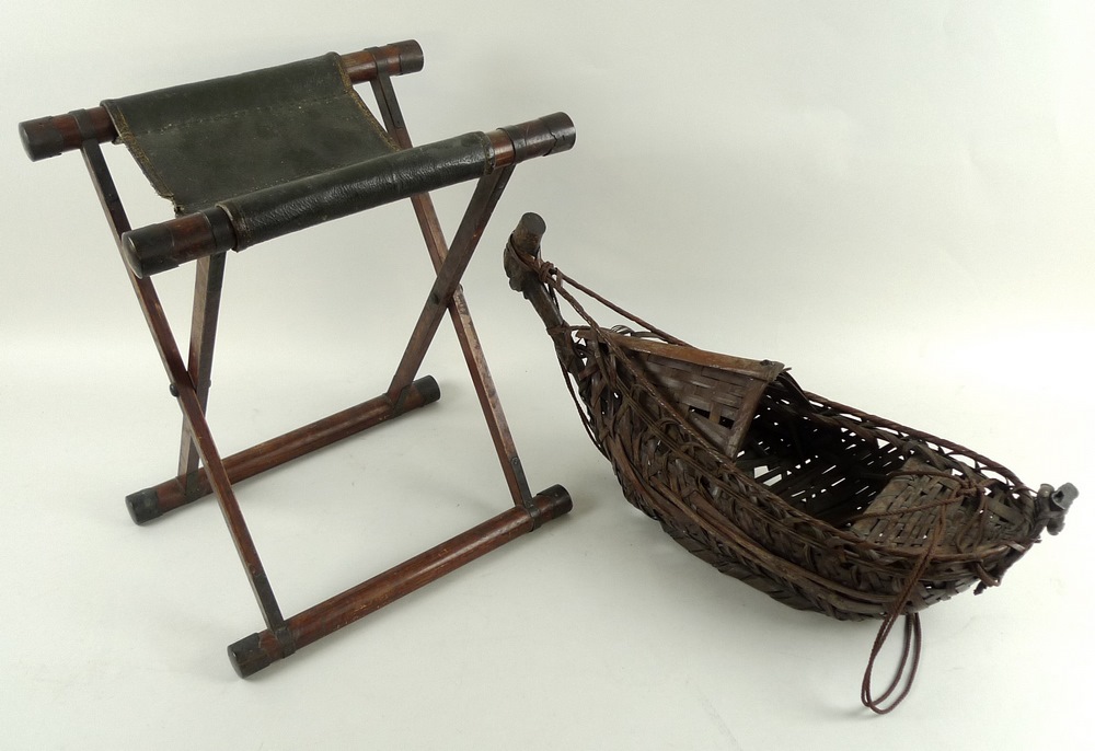 A 19th century Samurai folding stool with green leather top, and ...
