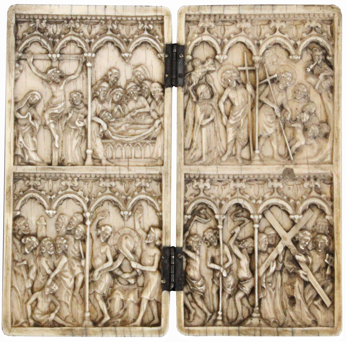 A carved ivory diptych in the 14th century Gothic style,19th century or ...