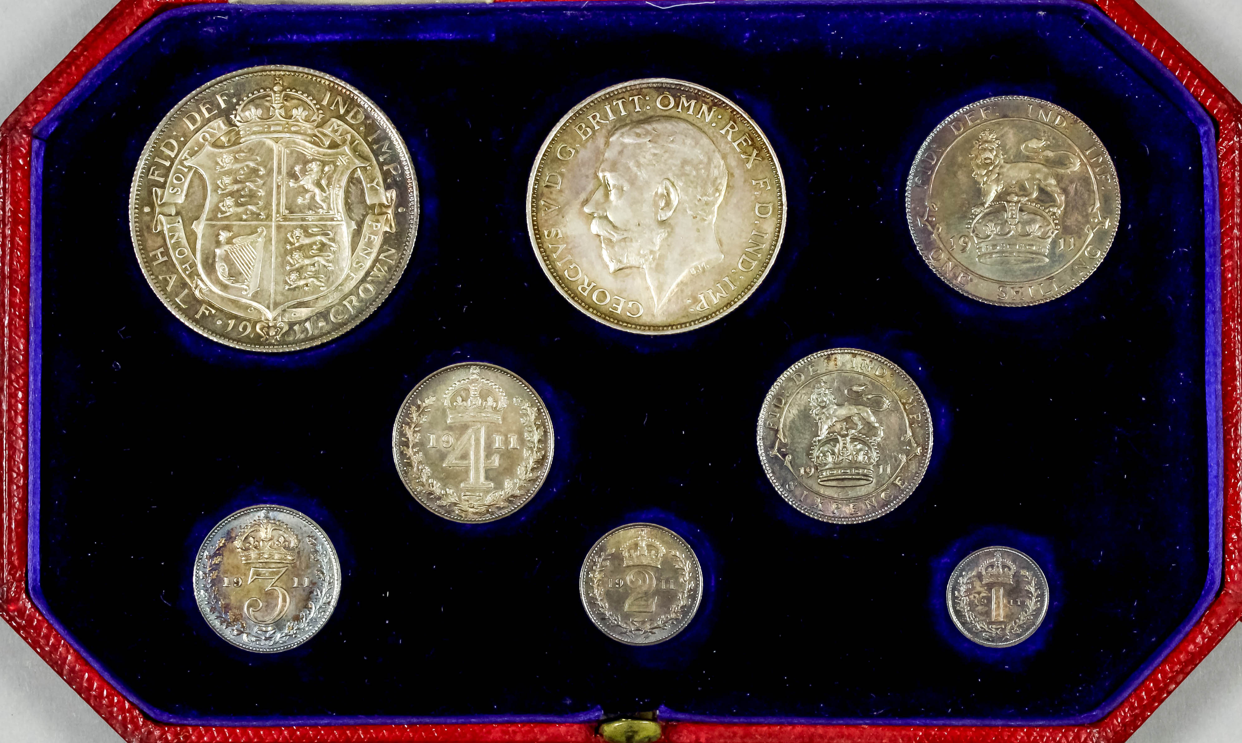 George V 1911 Set of eight Specimen coins - Half Crown to Sixpence, and ...