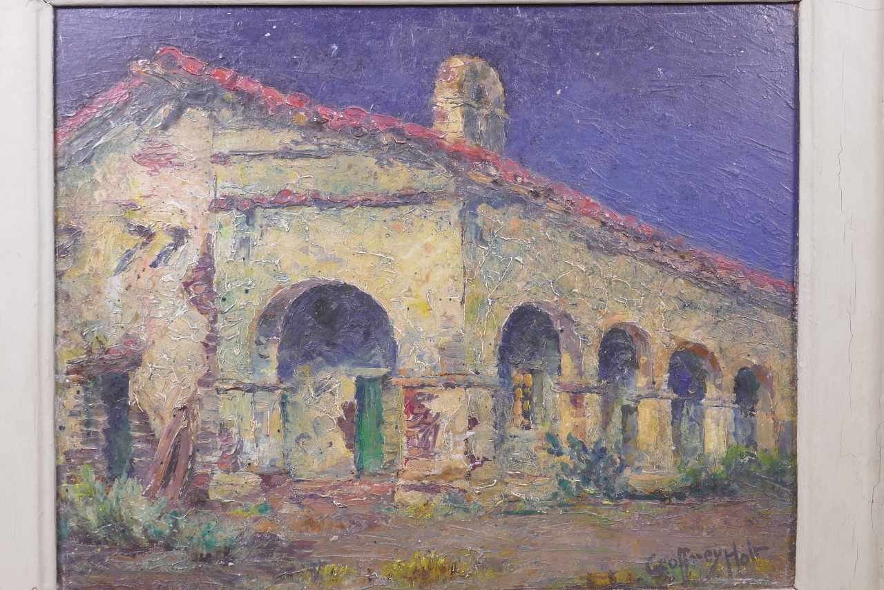 Geoffrey Holt (American 1882-1977), oil on board of an C18th mission ...