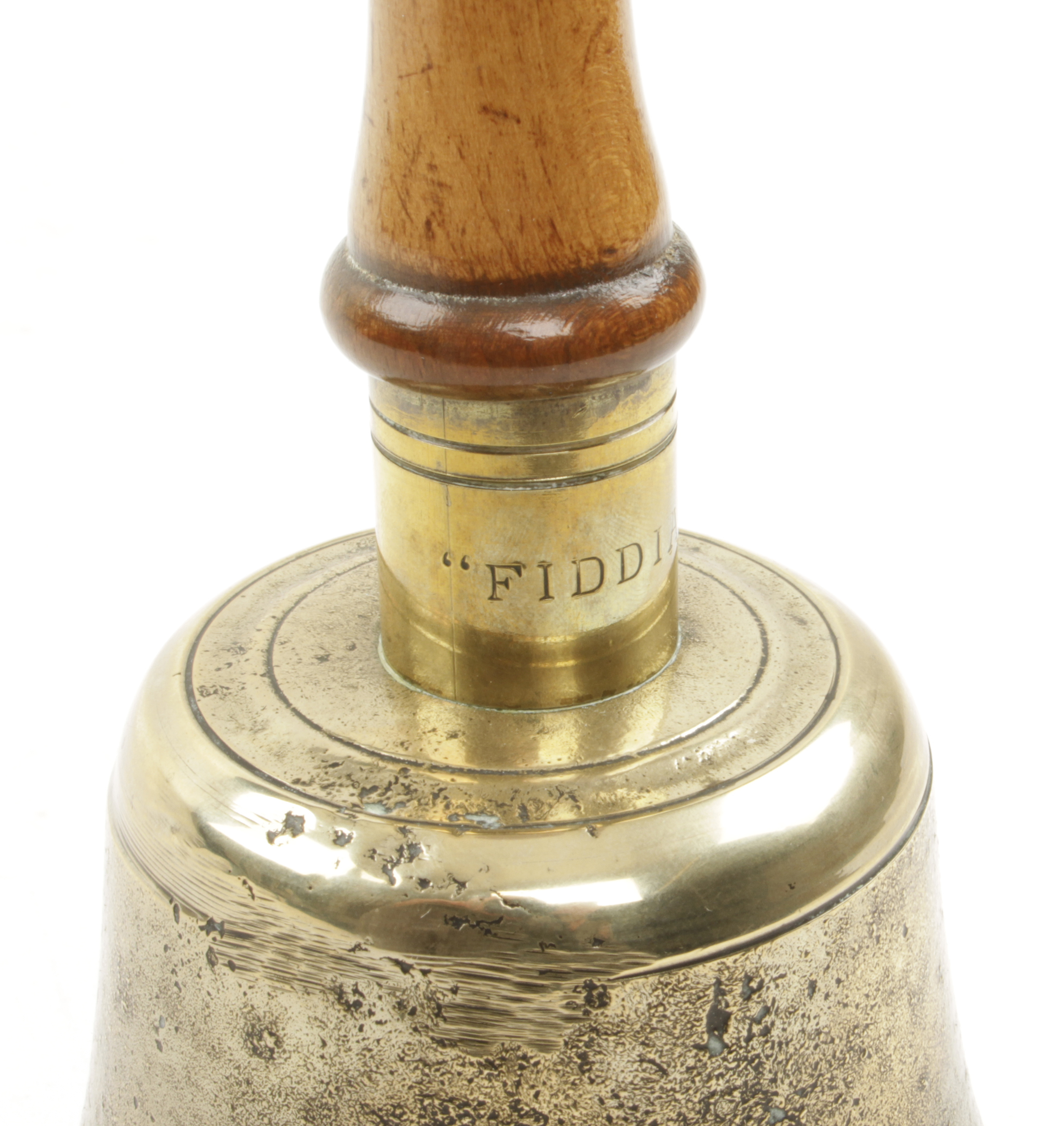A cast brass ARP WW2 hand bell with beech handle marked FIDDIAN used to ...