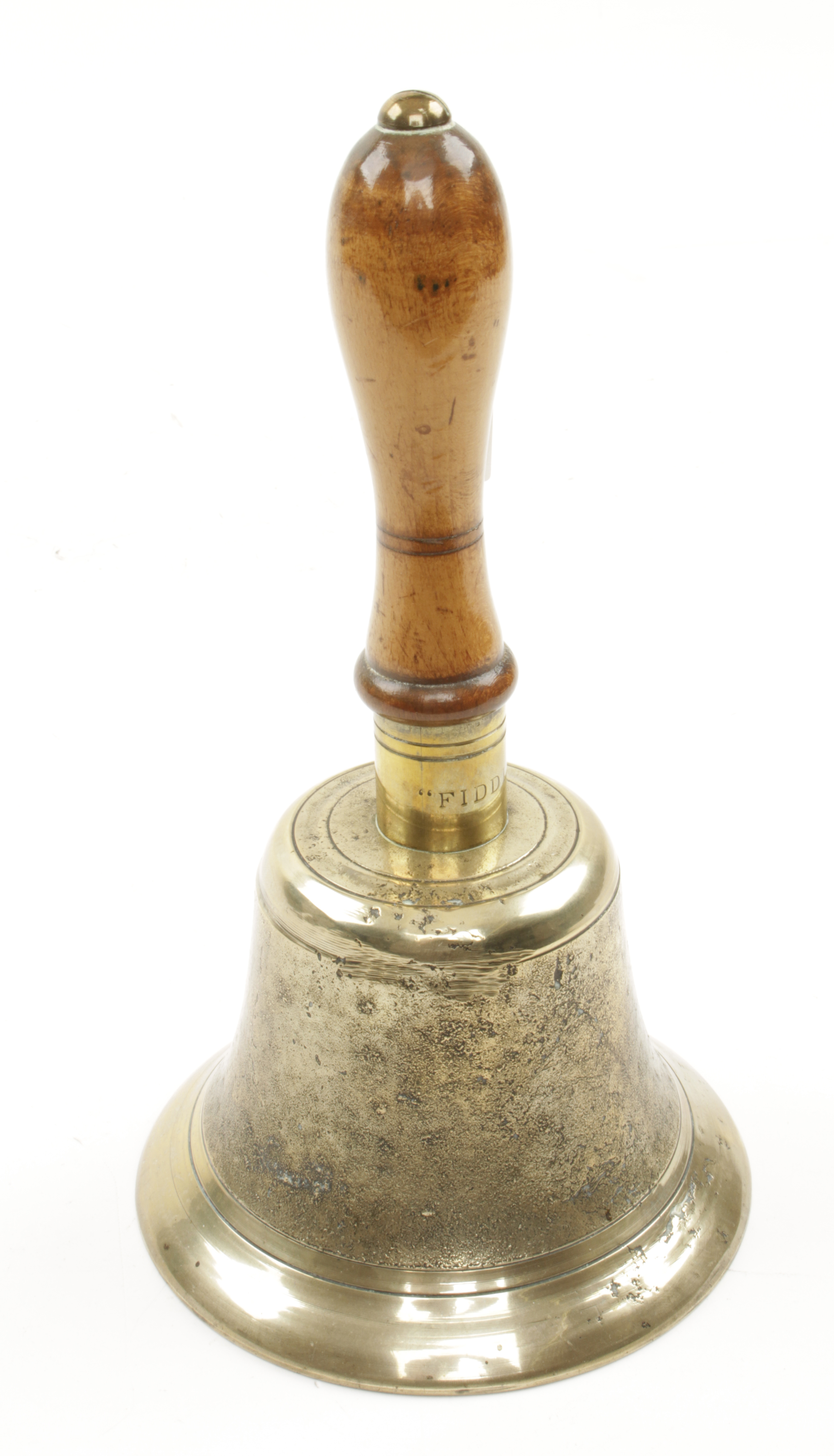 A cast brass ARP WW2 hand bell with beech handle marked FIDDIAN used to ...