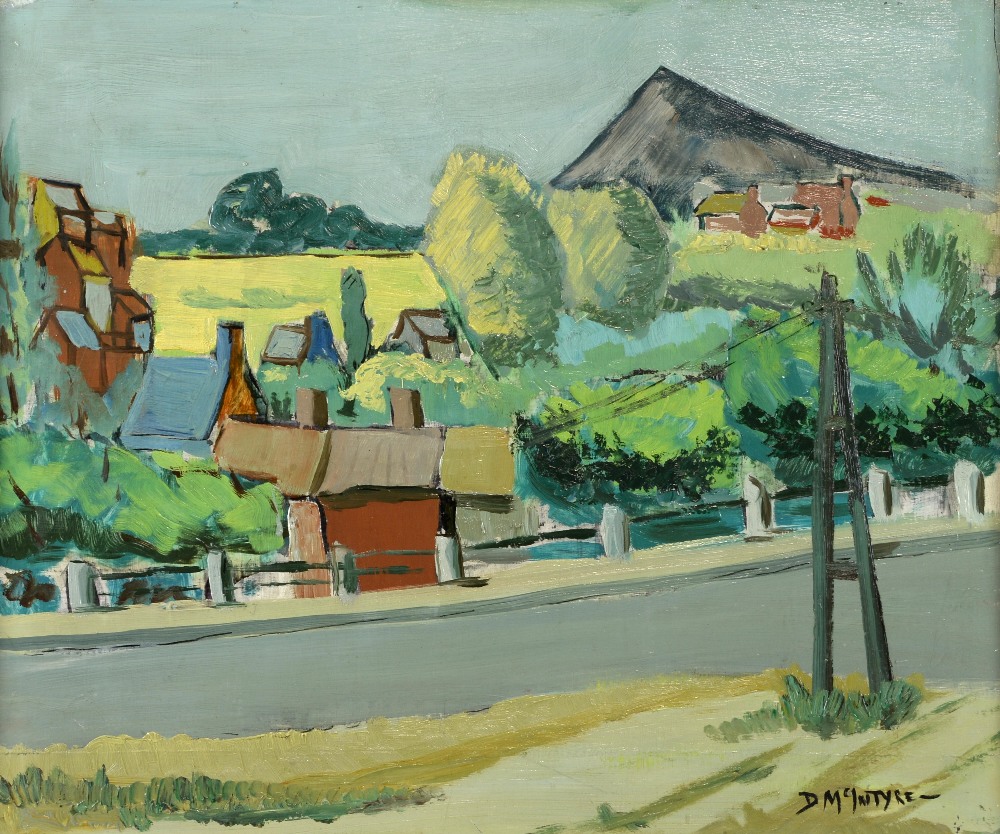 D McIntyre, street scene, signed oil on board, 49cm x 59cm Small loss ...
