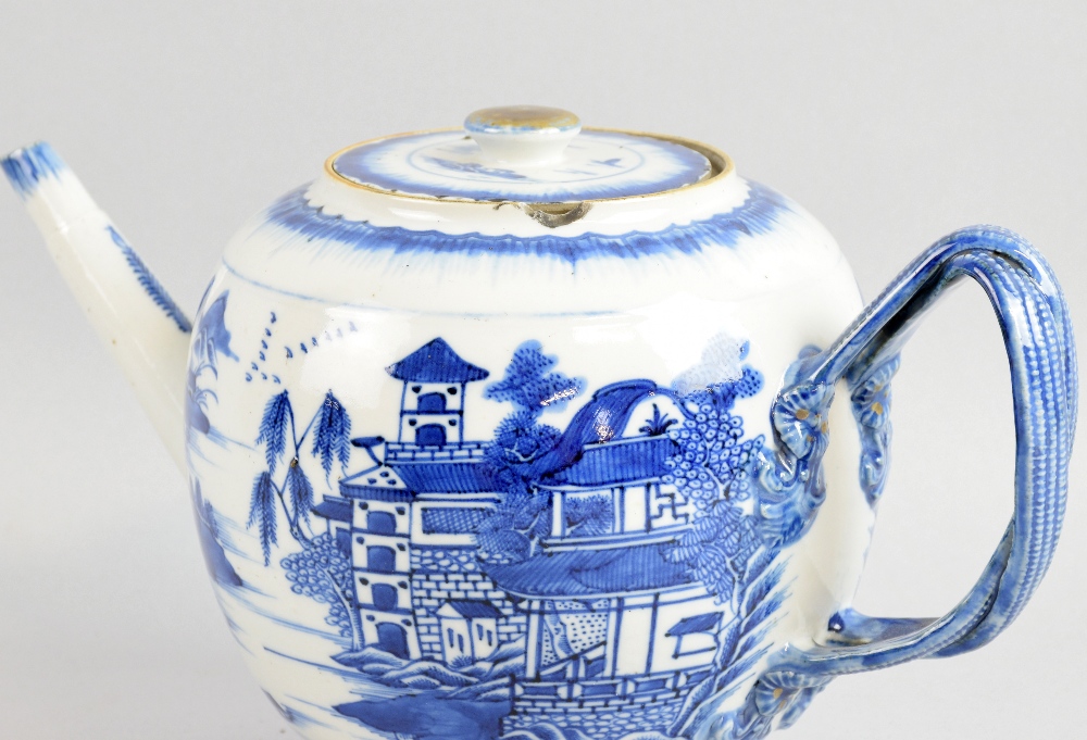 19th century Chinese blue and white teapot decorated with pagodas and ...