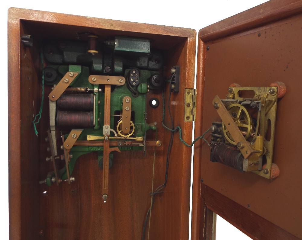 Gents master clock, the 8" square cream dial within a glazed mahogany ...