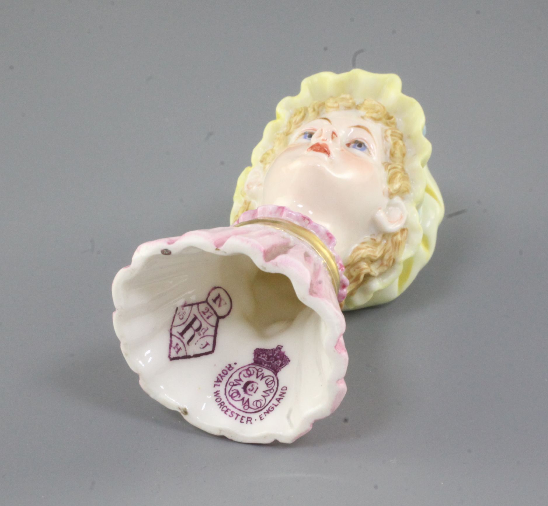 A Victorian Royal Worcester 'Mob Cap' candle extinguisher, puce printed ...