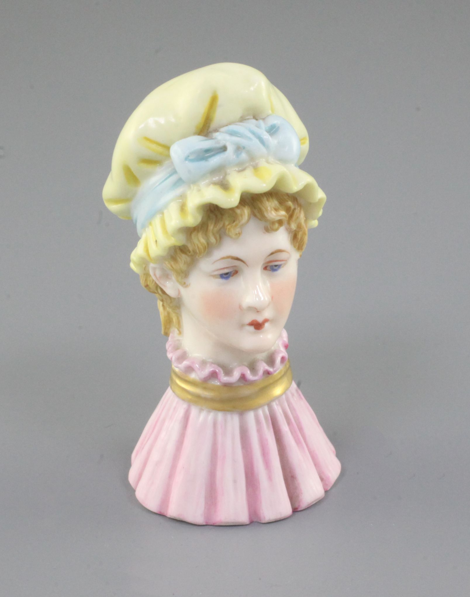 A Victorian Royal Worcester 'Mob Cap' candle extinguisher, puce printed ...