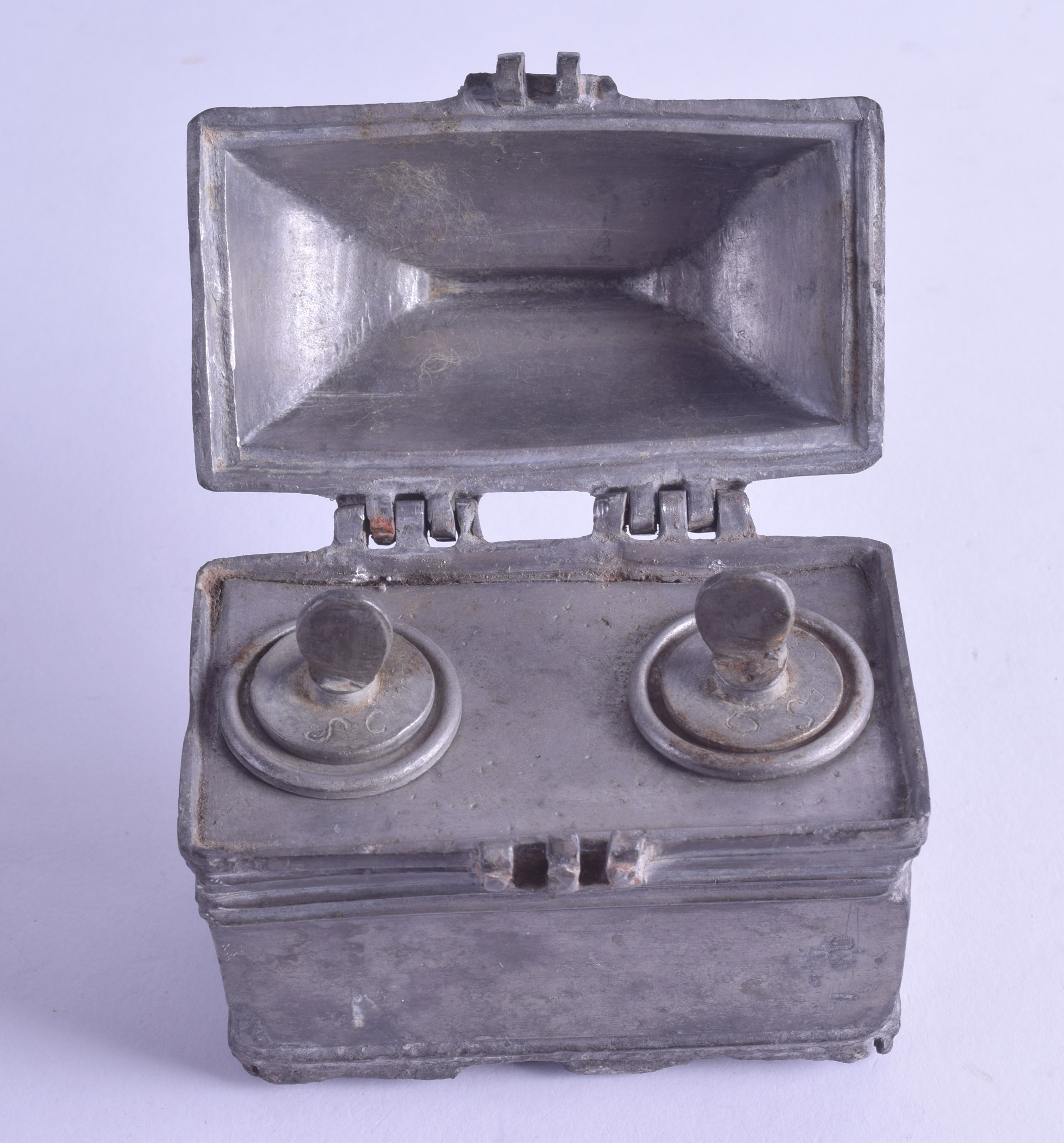 A 17TH/18TH CENTURY PEWTER BAPTISM HOLY WATER CASKET with two original ...