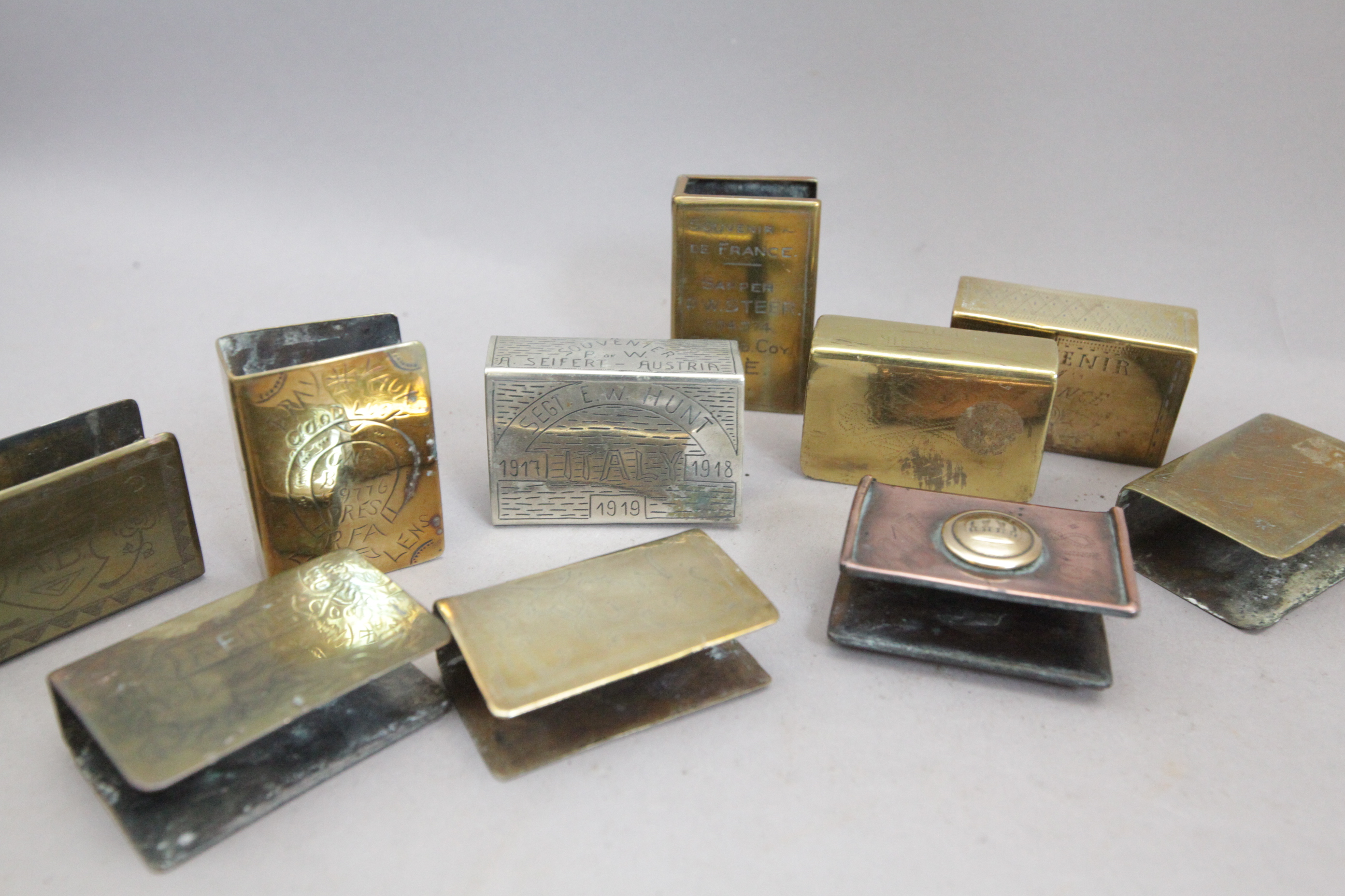 Ten Various Matchbox Covers, Mostly Brass, WW1 Souvenirs