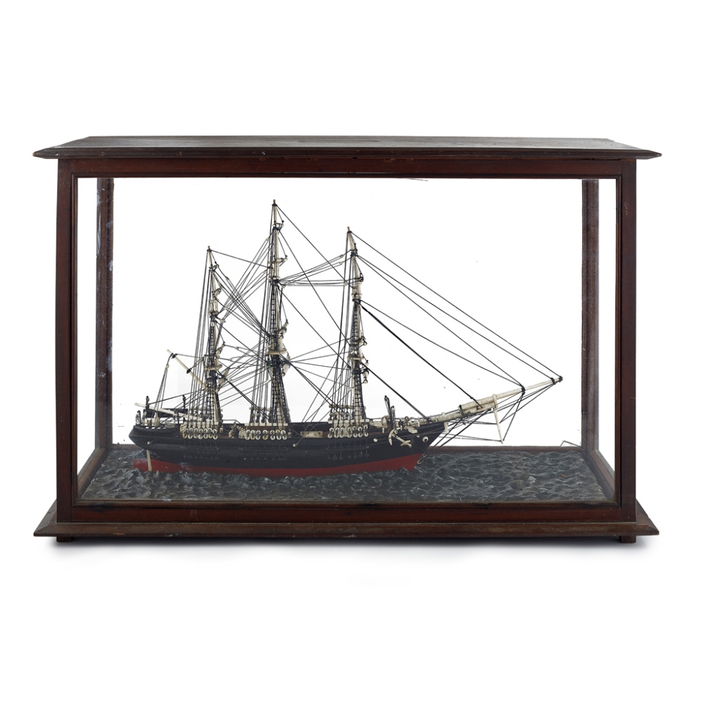 CASED MARINE IVORY MODEL OF A MERCHANT SHIP 19TH CENTURY complete with ...