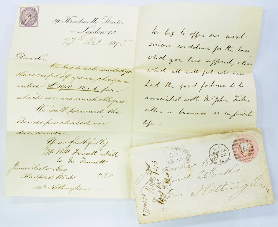 A VICTORIAN HANDWRITTEN RECEIPT FOR A CHEQUE FOR £1910 12S 6D, IN ...